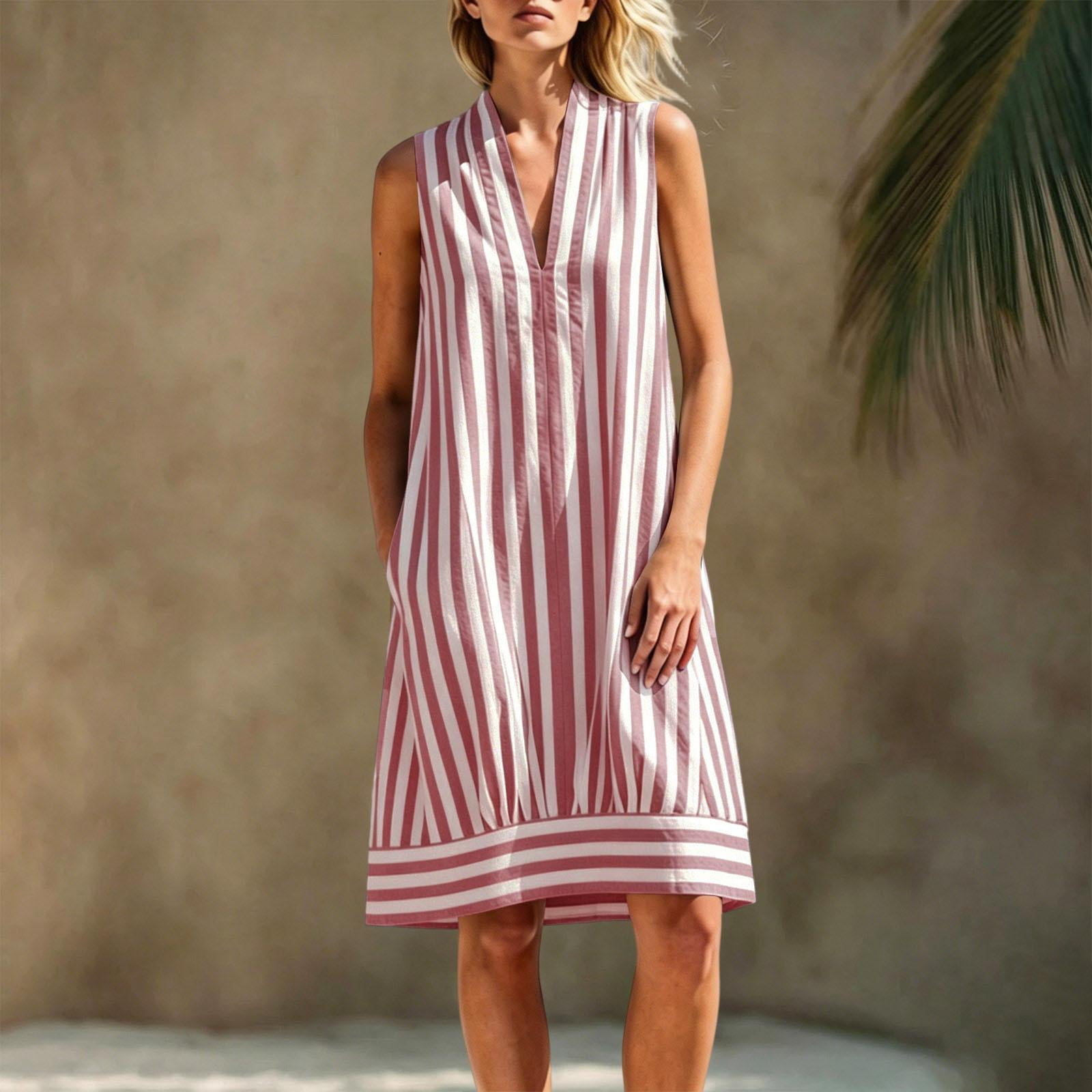 Asgosdo Dresses for Women V Neck Sleeveless Striped Color Block Loose ...