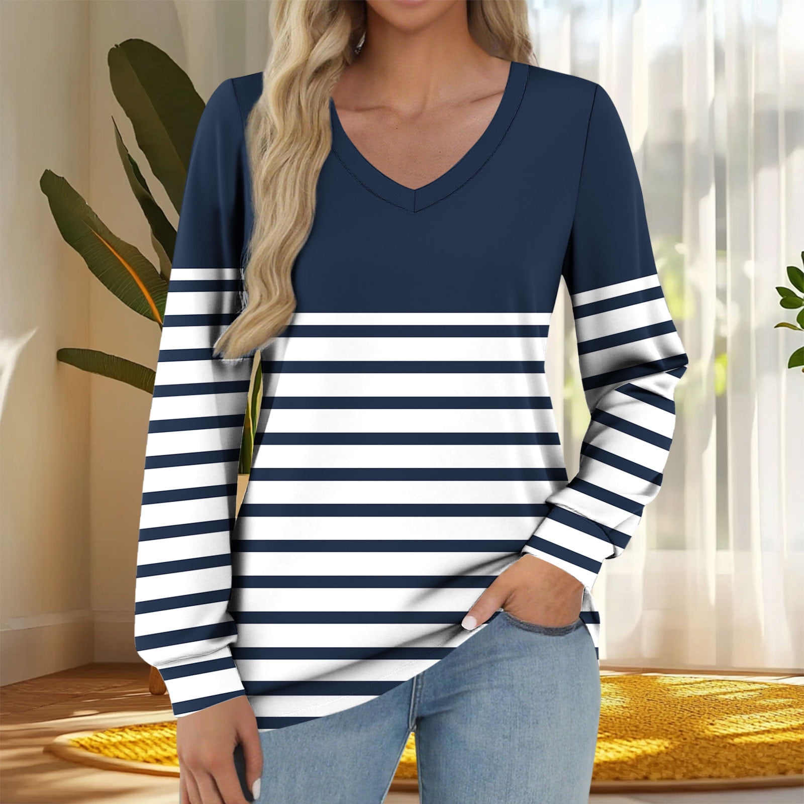 Asgosdo Fall T-Shirts for Women V Neck Long Sleeve Striped Color Block ...