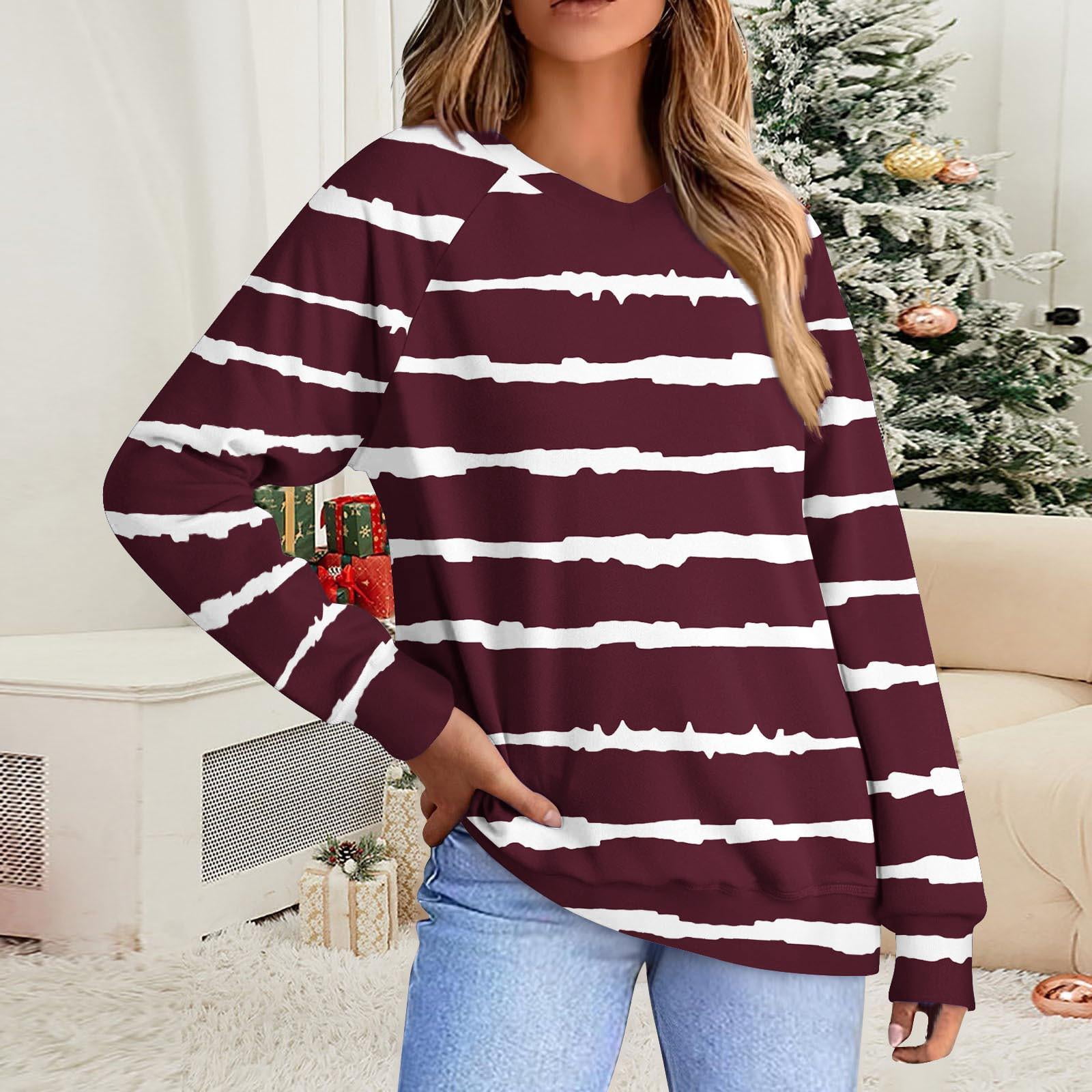 Asgosdo Fall T-shirts for Women V Neck Long Sleeve Striped Color Block ...