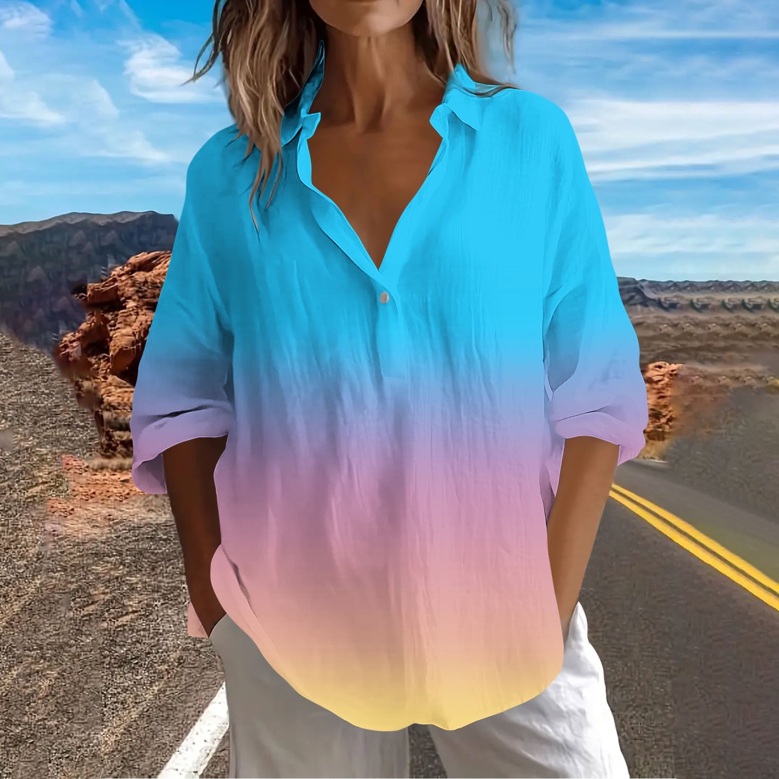 Asgosdo Fall Tops for Women Collared Long Sleeve Button Gradient Loose ...