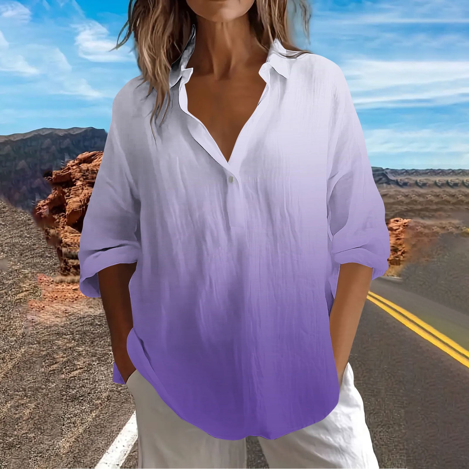 Asgosdo Fall Tops for Women Collared Long Sleeve Button Gradient Loose ...