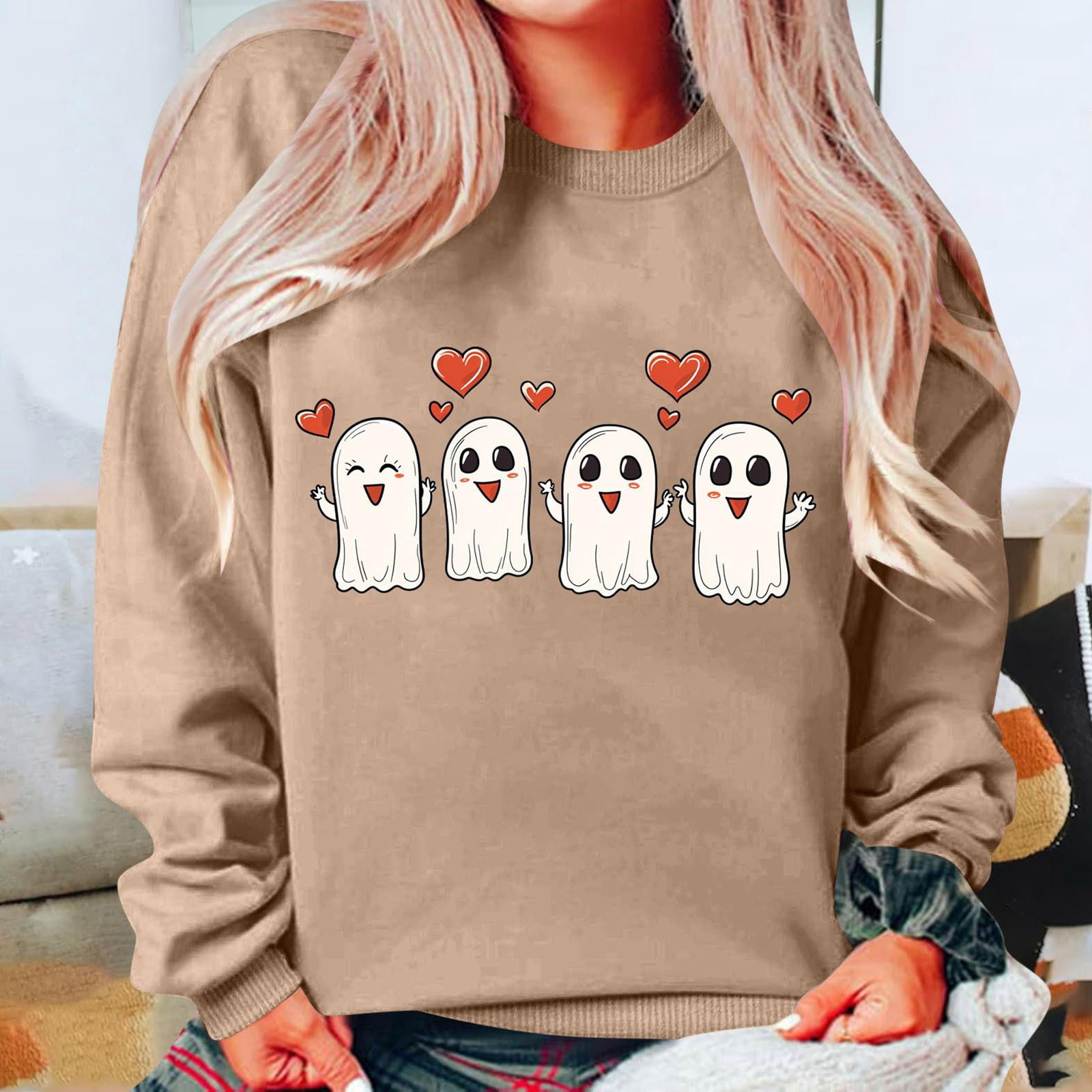 Asgosdo Halloween Sweatshirts for Women Long Sleeve Crew Neck Print ...