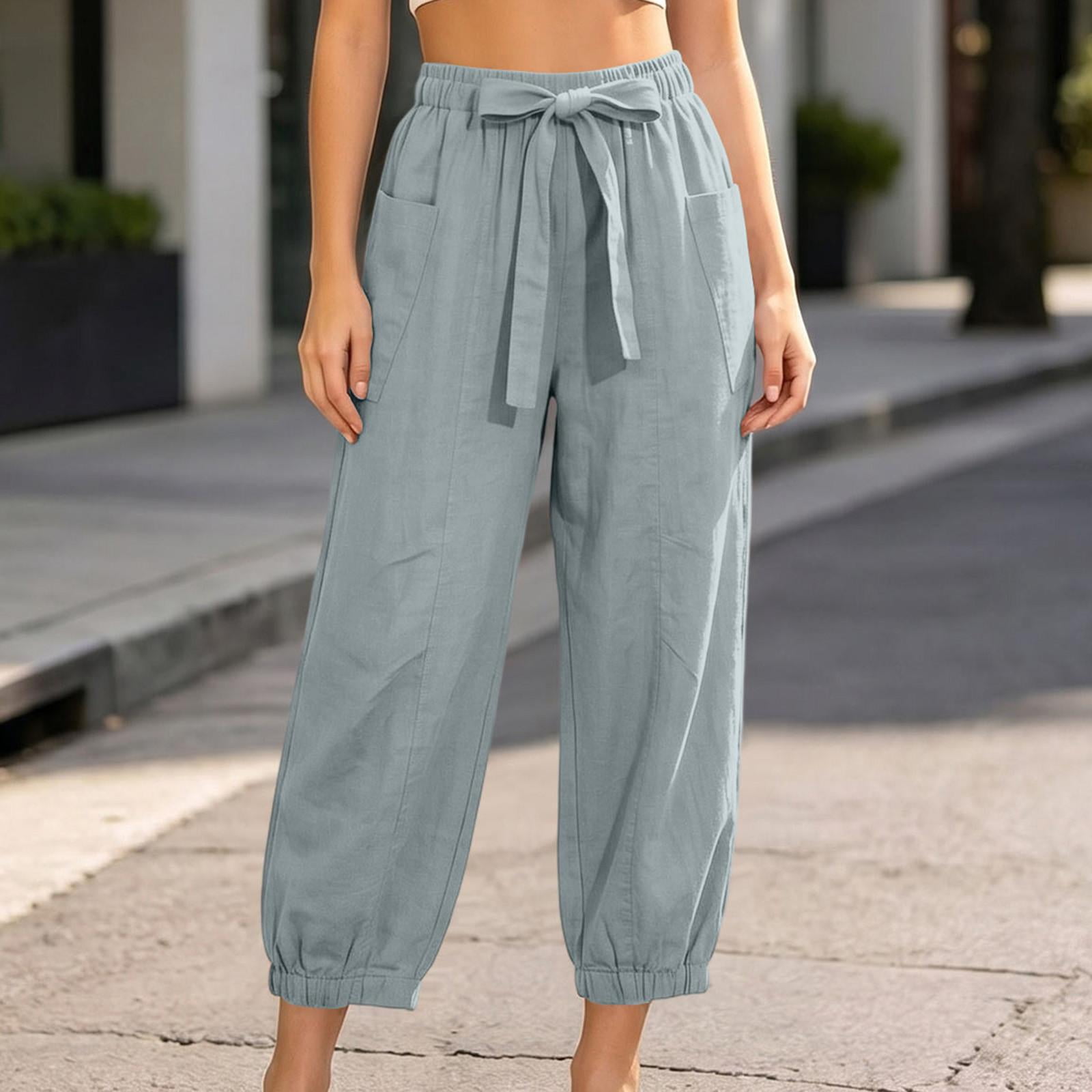 Asgosdo Pants for Women Cotton Elastic Waisted Solid Color Pants Loose ...