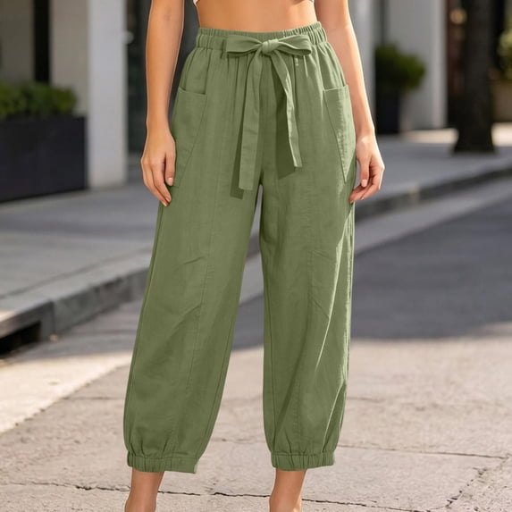 Asgosdo Pants for Women Cotton Elastic Waisted Solid Color Pants Loose ...