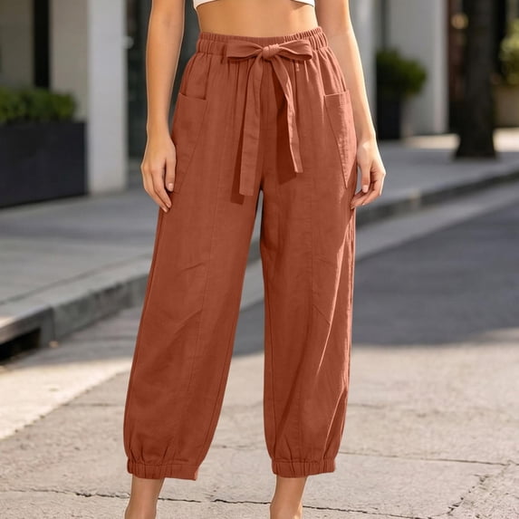 Asgosdo Pants for Women Cotton Elastic Waisted Solid Color Pants Loose ...