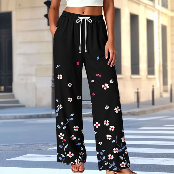 Asgosdo Pants for Women Drawstring High Elastic Waisted Floral Print ...