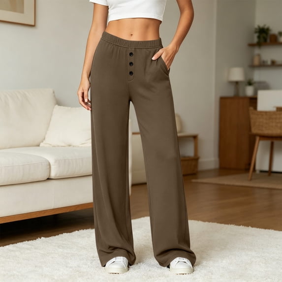 Asgosdo Pants for Women Elastic Waisted Button Straight Leg Palazzo ...