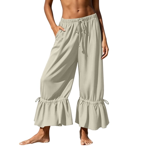 Asgosdo Pants for Women Elastic Waisted Drawstring Solid Color Ruffle ...