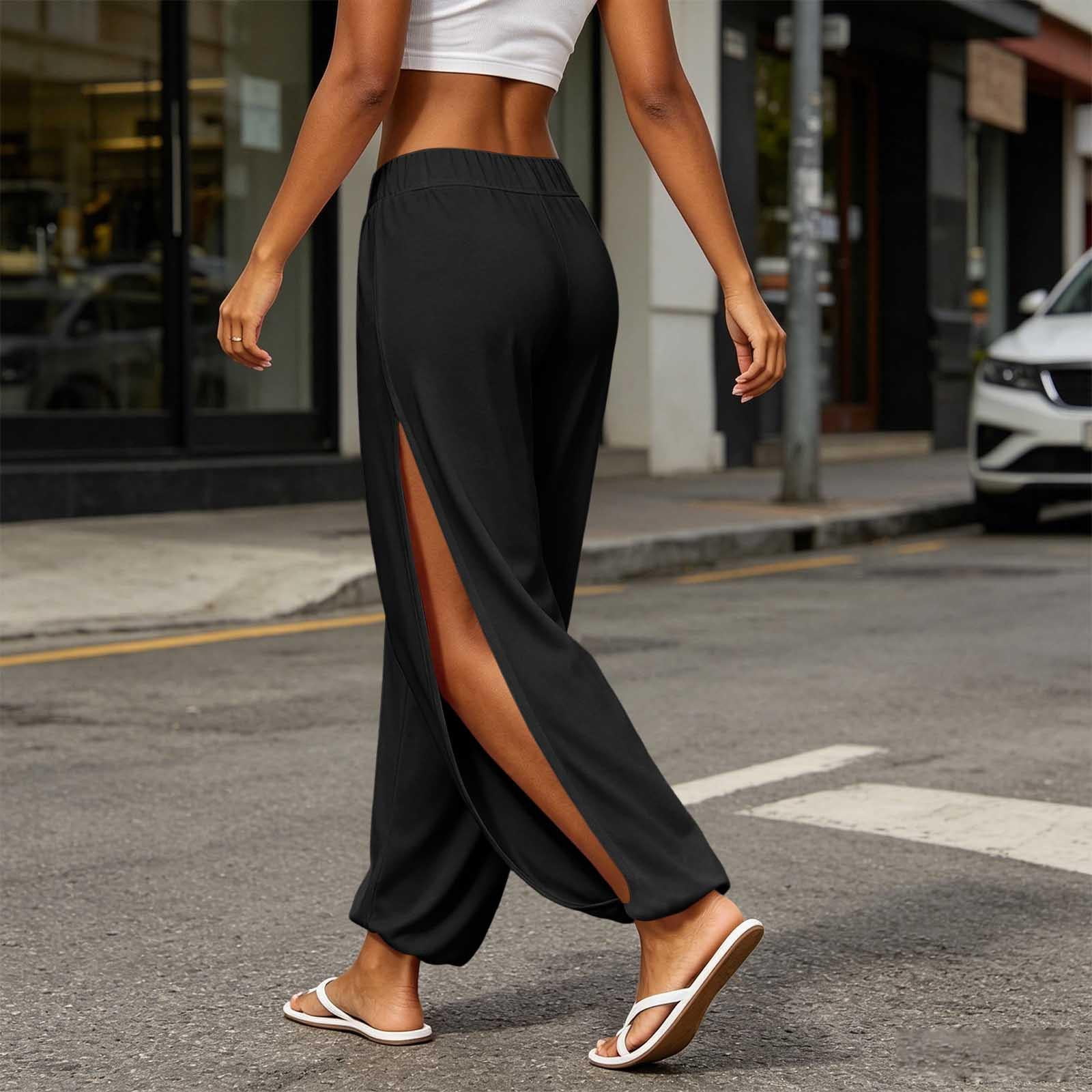Asgosdo Pants for Women High Elastic Waisted Solid Color Side Slit ...