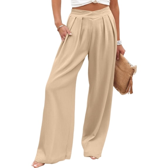 Asgosdo Pants for Women Pleated High Waisted Wide Straight Leg Solid ...