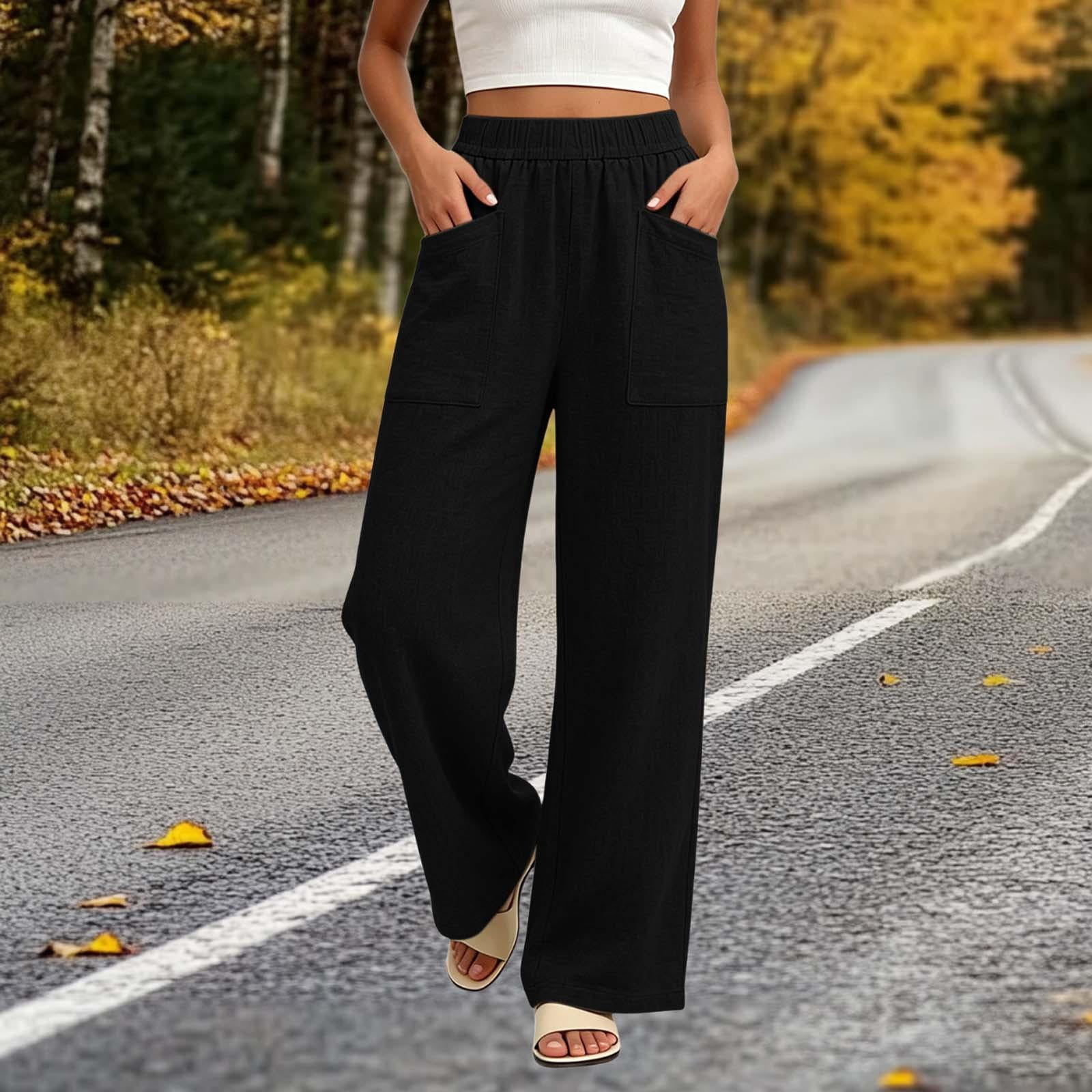 Asgosdo Pants for Women Wide Straight Leg Elastic High Waisted Trousers ...