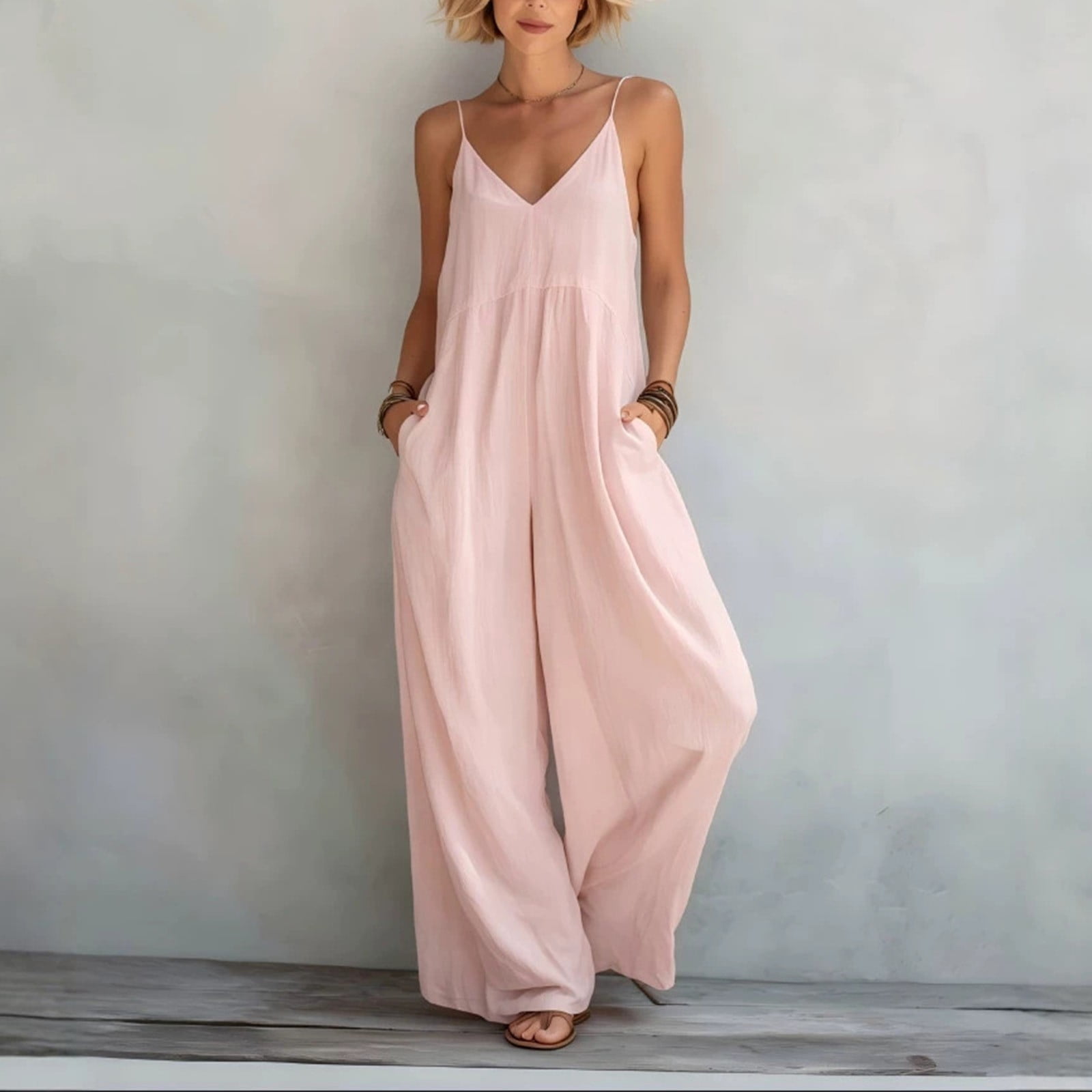 Asgosdo Rompers for Women V Neck Sleeveless Spaghetti Strap Wide ...
