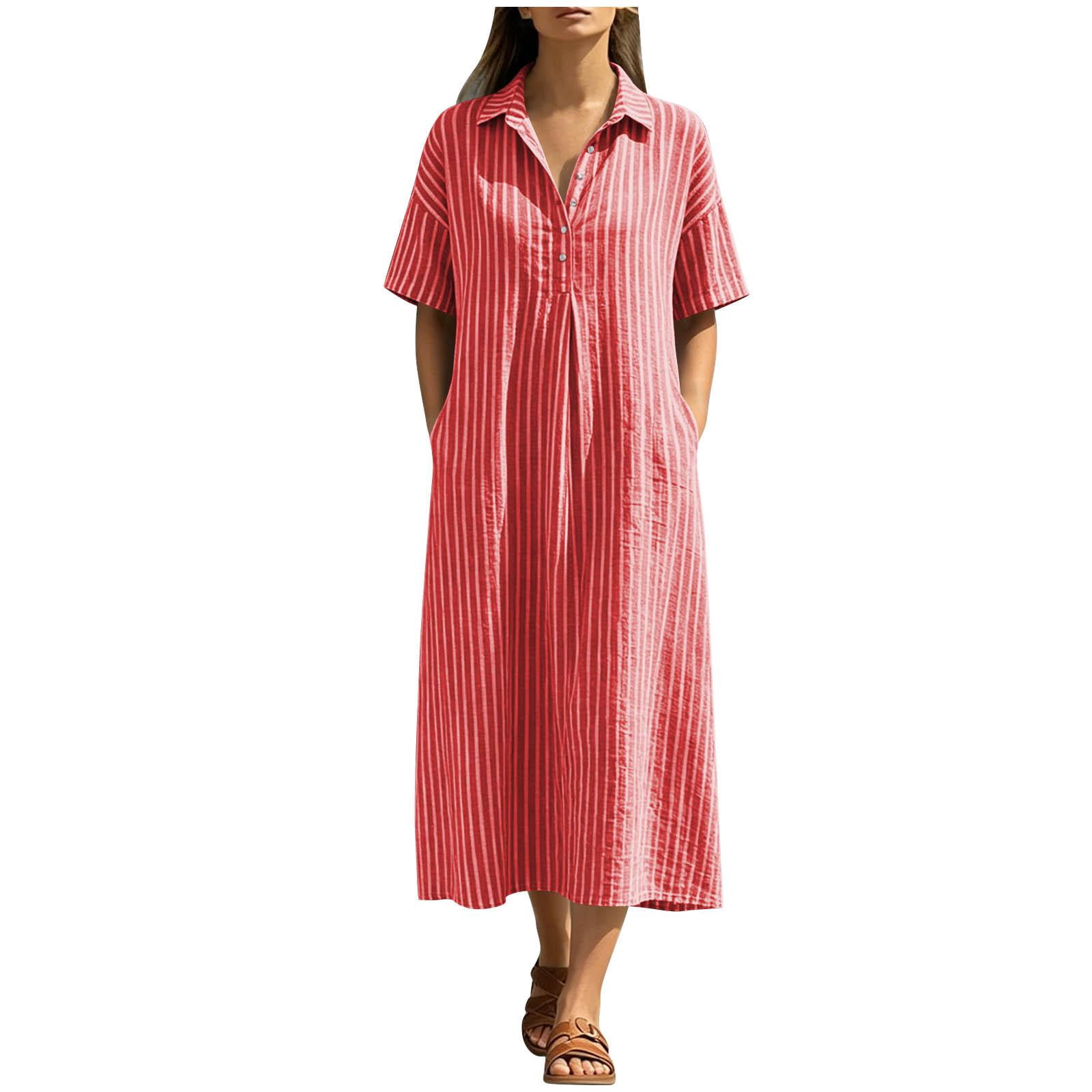 Asgosdo Summer Dresses for Women Collared Botton Half Sleeve Striped ...
