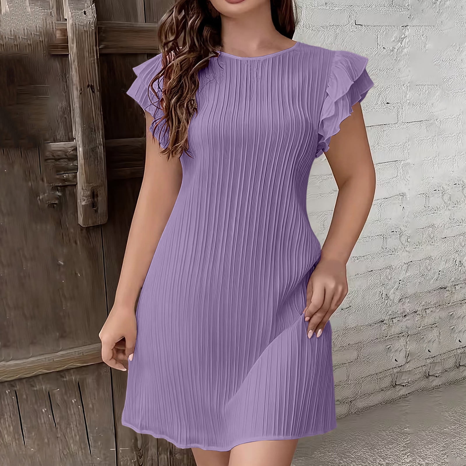 Asgosdo Summer Dresses for Women Flutter Sleeve Solid Color Textured ...