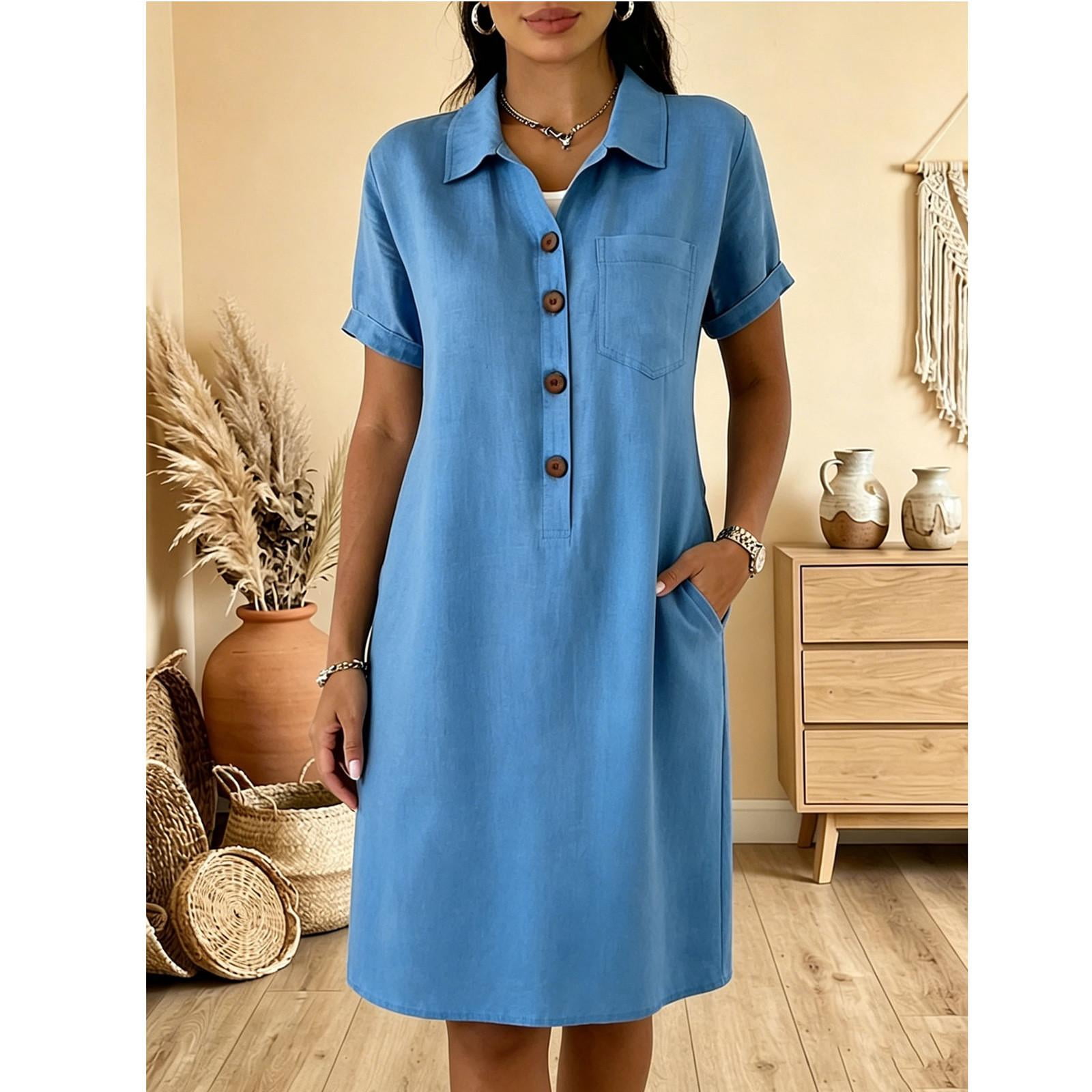 Asgosdo Summer Dresses for Women Short Sleeve Collared Botton Loose Fit ...