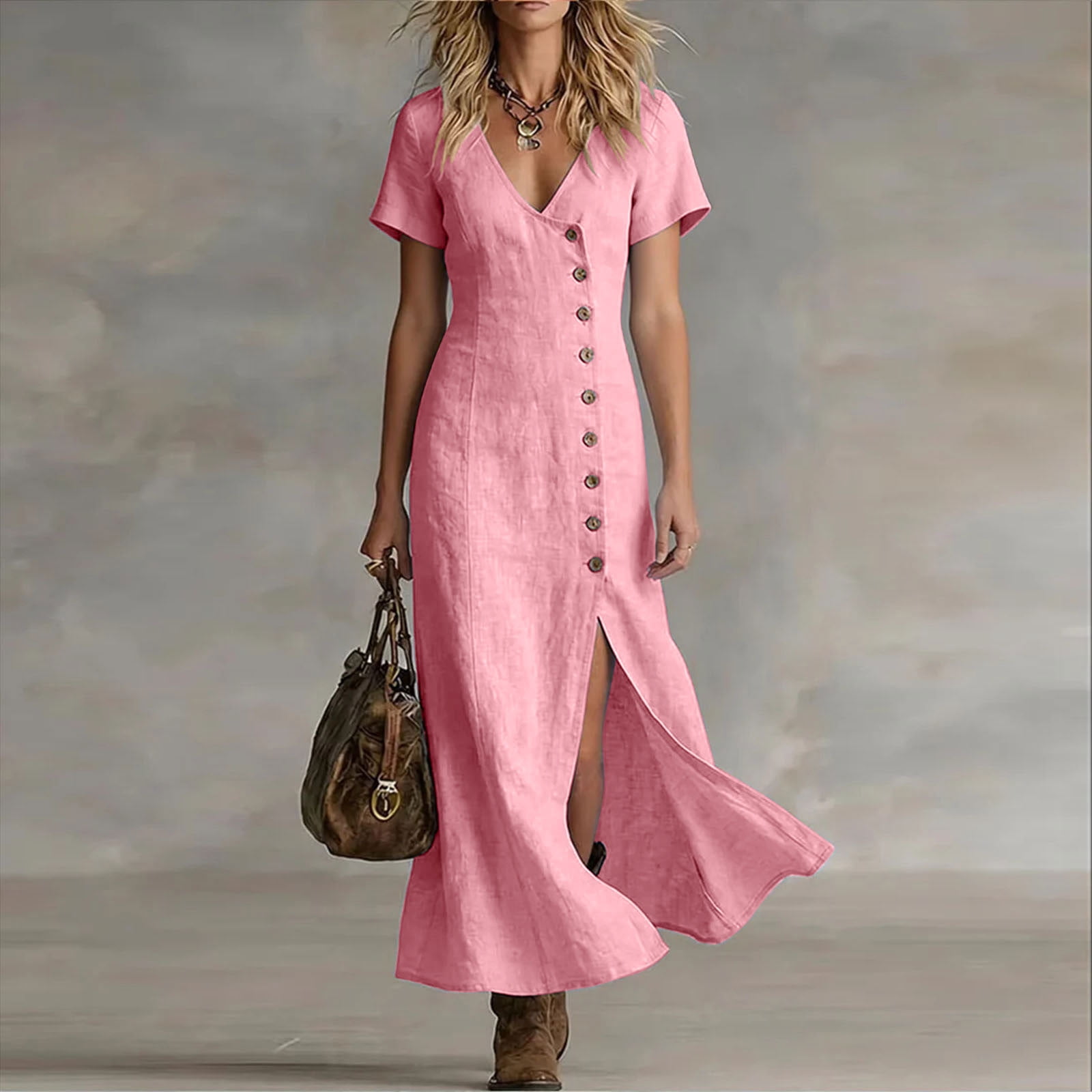 Asgosdo Summer Dresses for Women Short Sleeve V Neck Botton Slit Slim ...