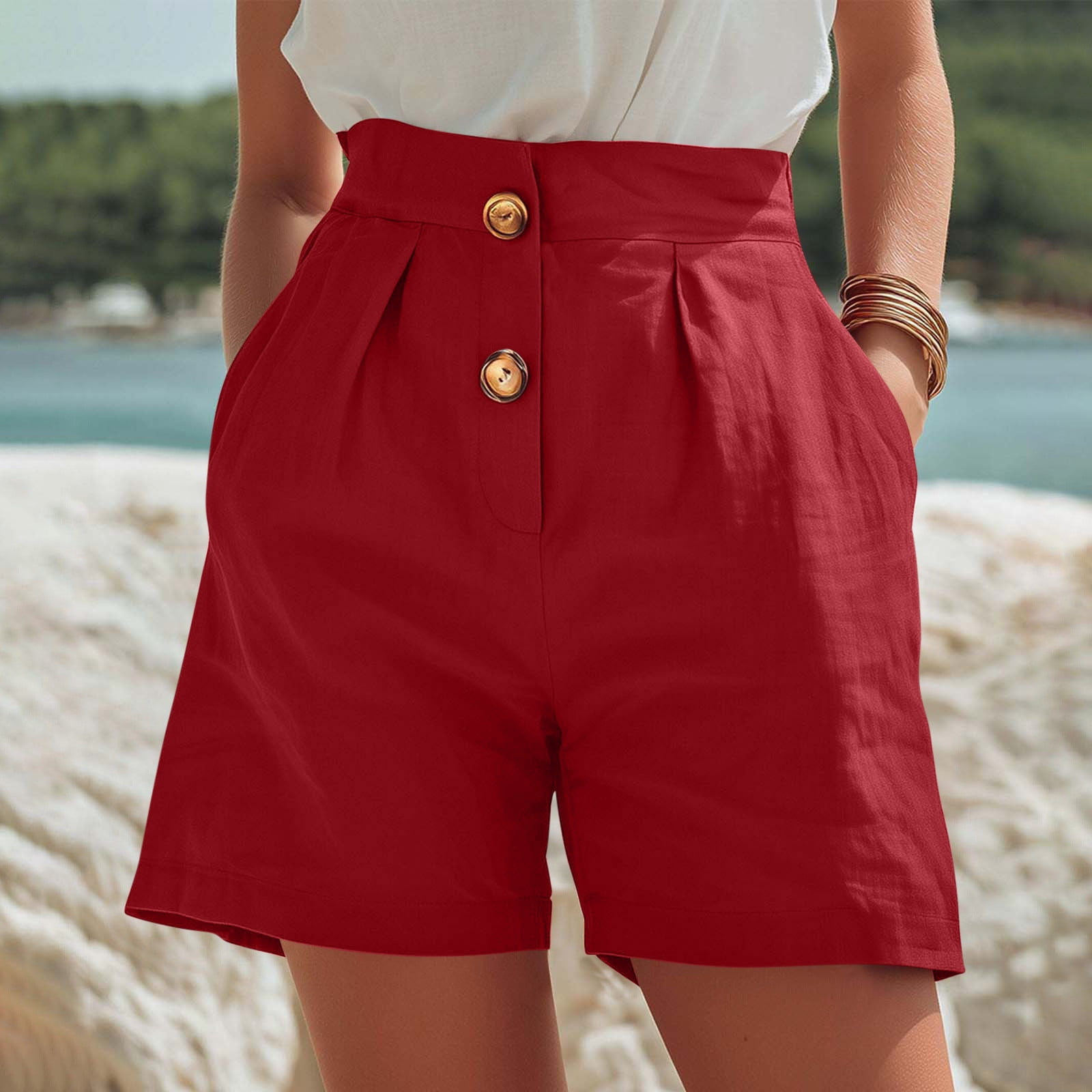 Asgosdo Summer Shorts for Women High Waisted Pleated Botton Wide Leg ...