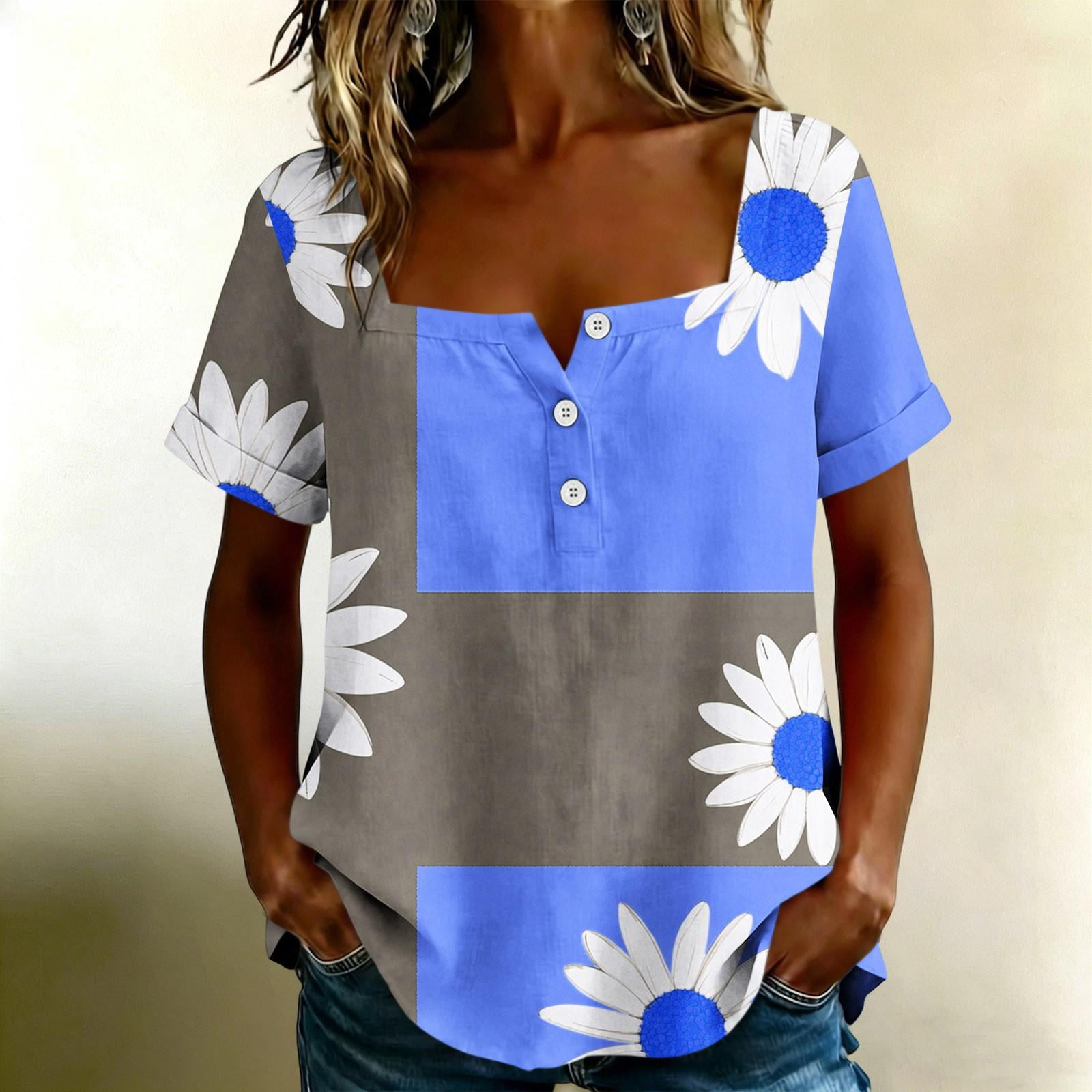 Asgosdo Summer Tops for Women Short Sleeve Square Neck Button Floral ...