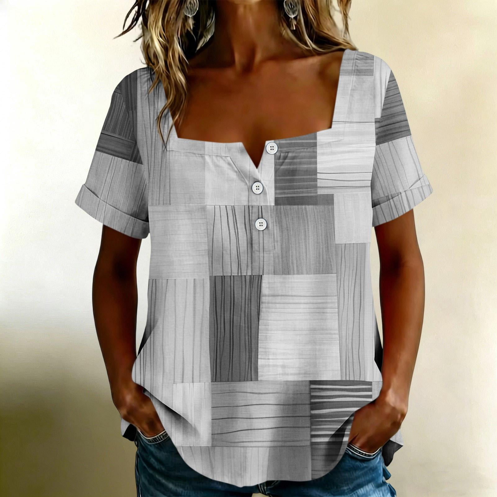 Asgosdo Summer Tops for Women Square Neck Button Short Sleeve Colorful ...
