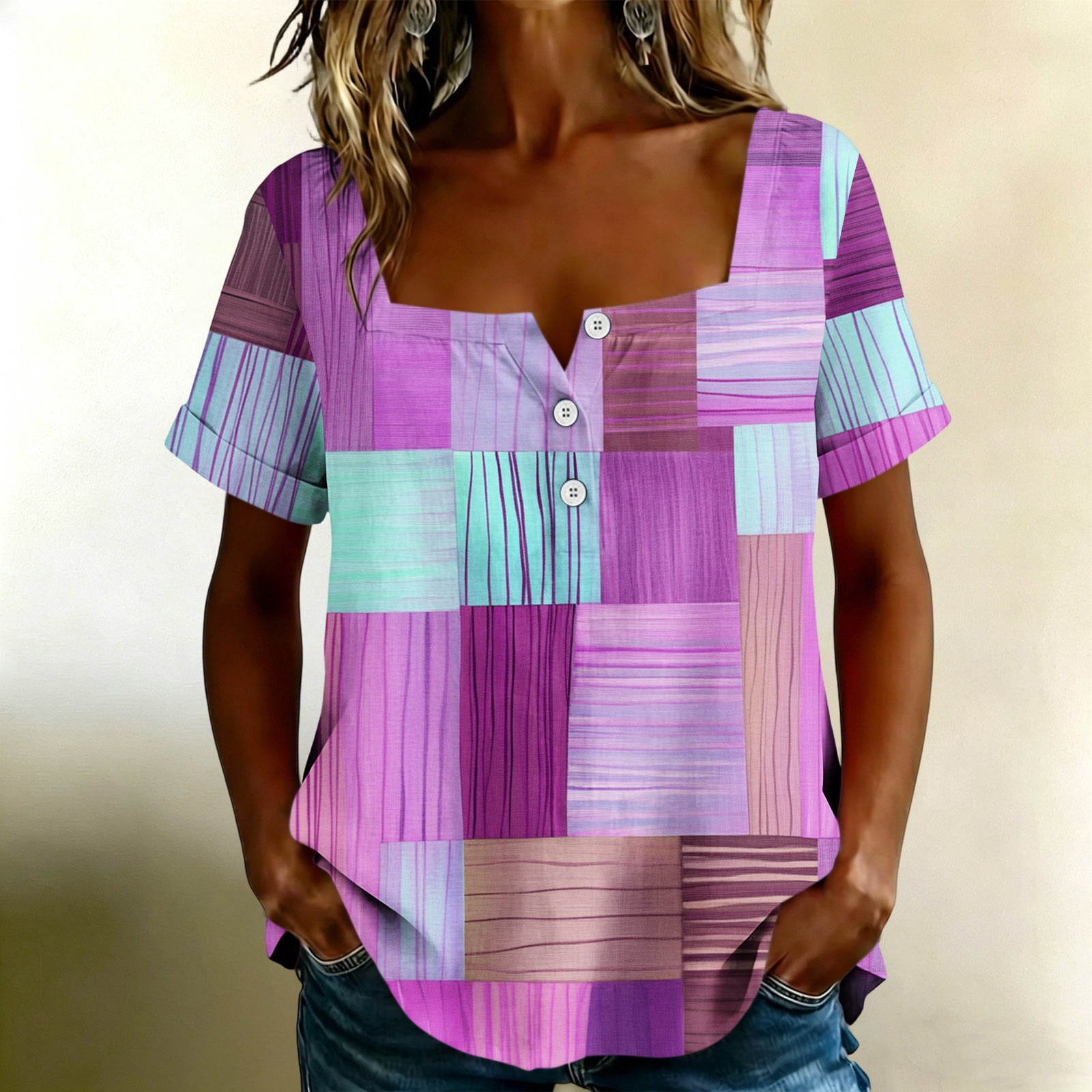 Asgosdo Summer Tops for Women Square Neck Button Short Sleeve Colorful ...