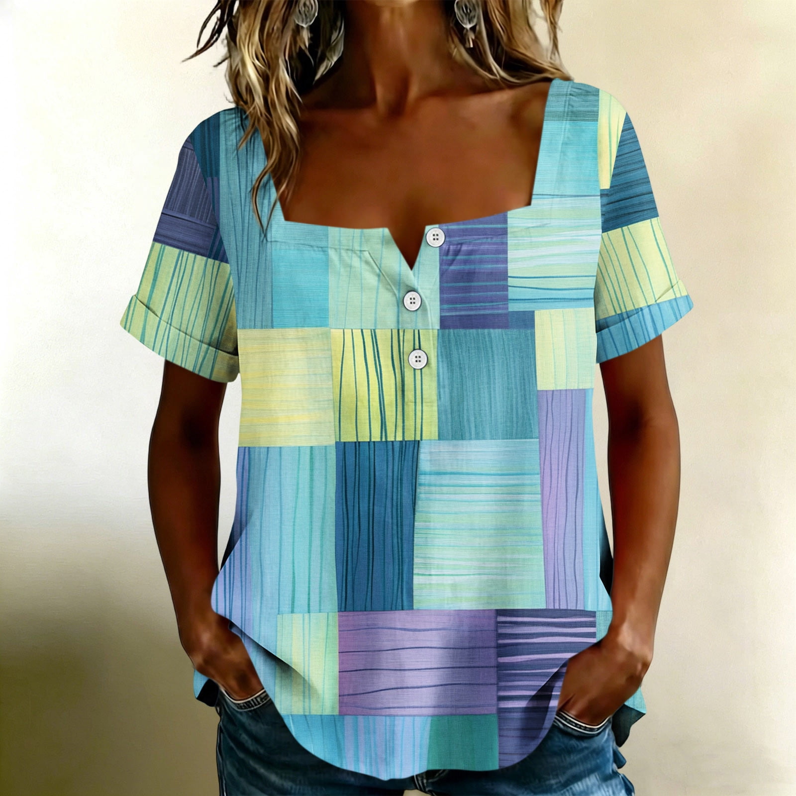 Asgosdo Summer Tops for Women Square Neck Button Short Sleeve Colorful ...