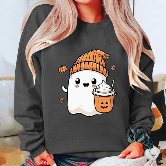 Asgosdo Sweatshirts for Women Halloween Crew Neck Long Sleeve Print ...