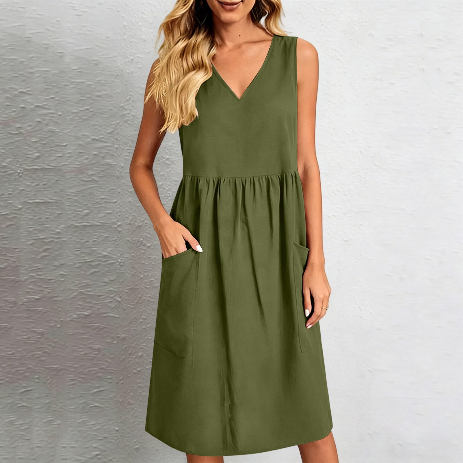 Asgosdo Tank Dresses for Women V Neck Sleeveless Waisted Solid Color ...