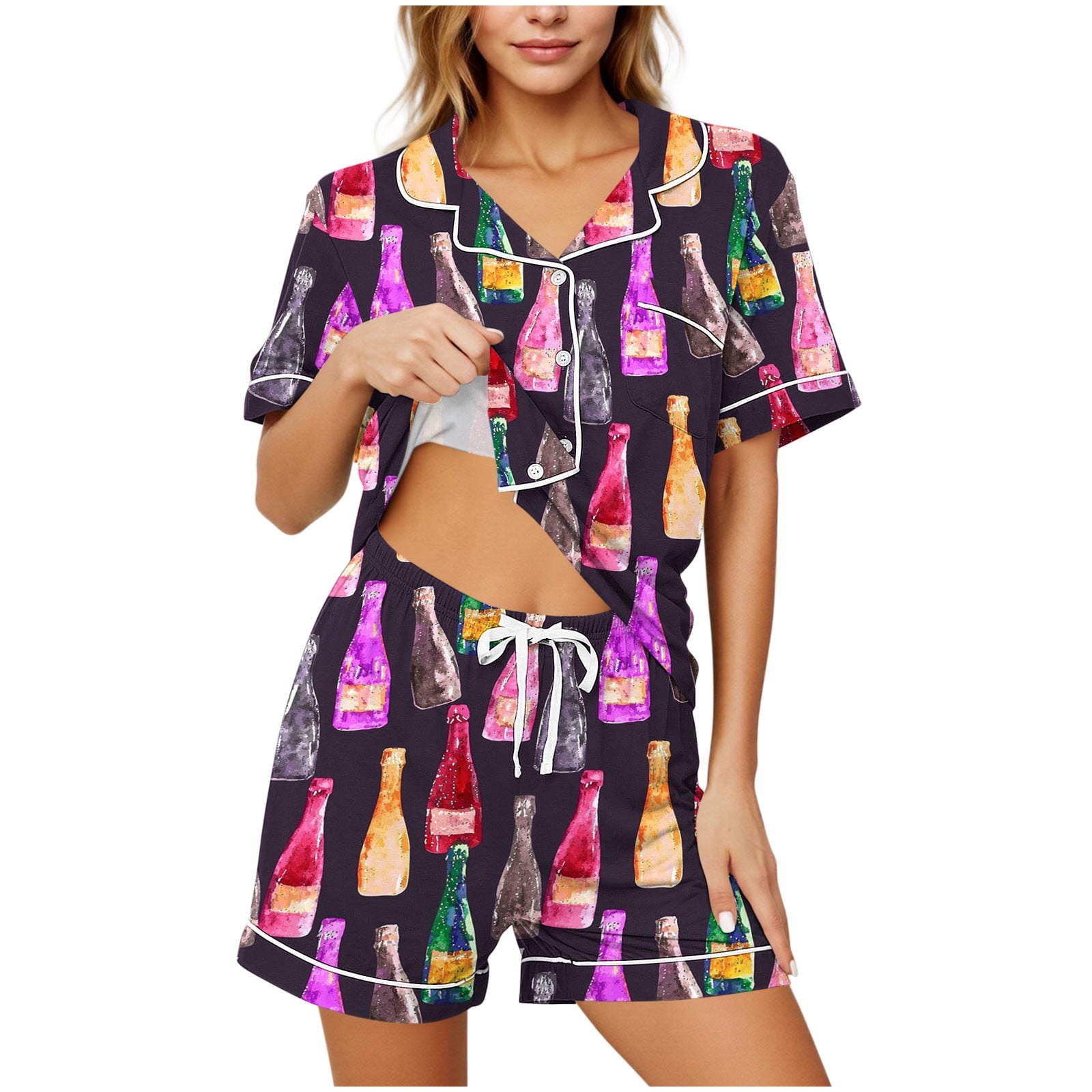 Asgosdo Two Piece Pajamas Set for Women Short Sleeve Print Botton Down ...