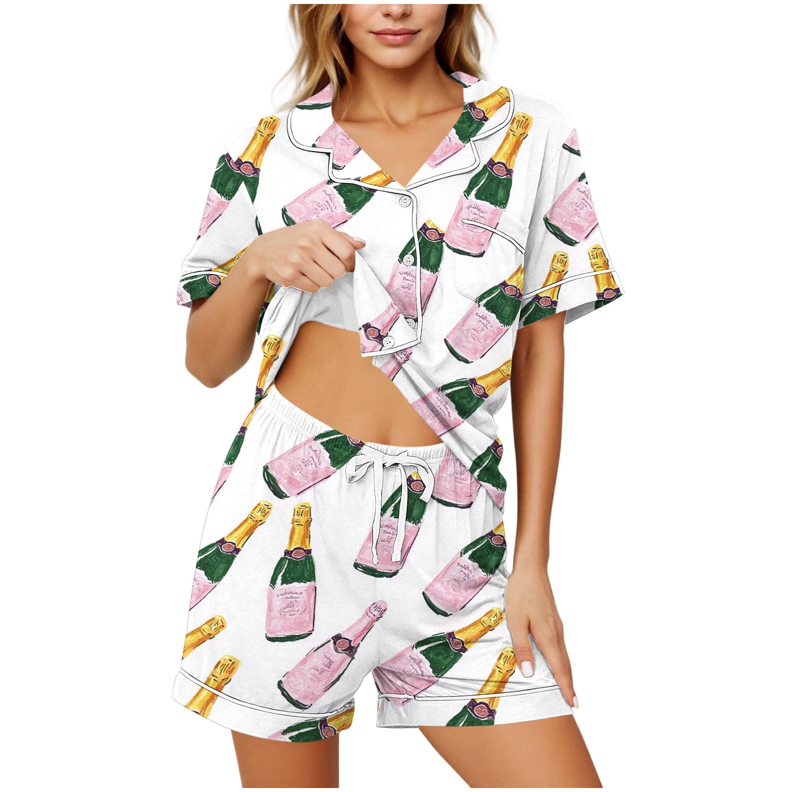 Asgosdo Women 2 Piece Pajamas Set Short Sleeve Print Botton Down Shirts ...