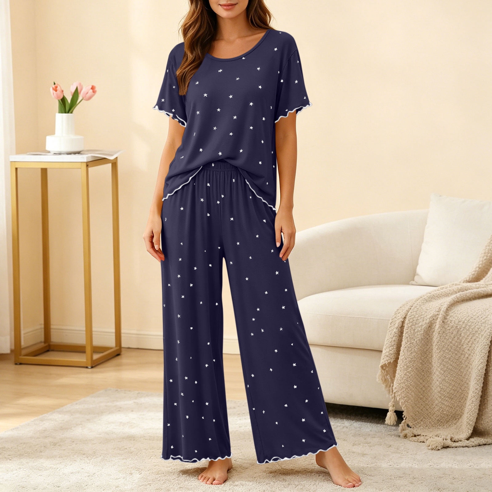 Asgosdo Women 2 Piece Pajamas Sets Short Sleeve Print T-Shirts and Wide ...
