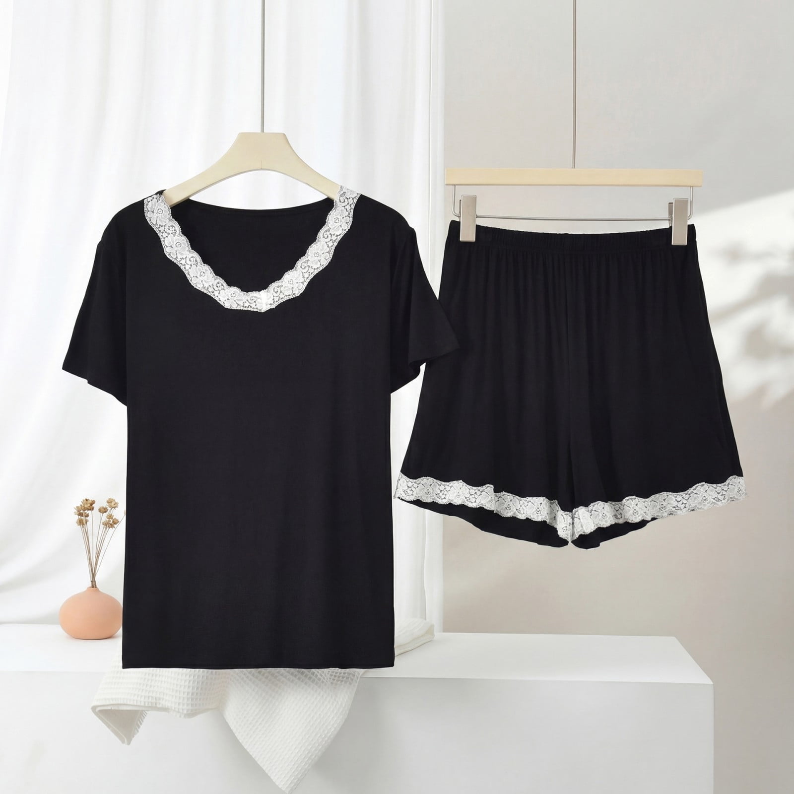 Asgosdo Women 2 Piece Sets Pajamas Short Sleeve Lace T-Shirts and ...