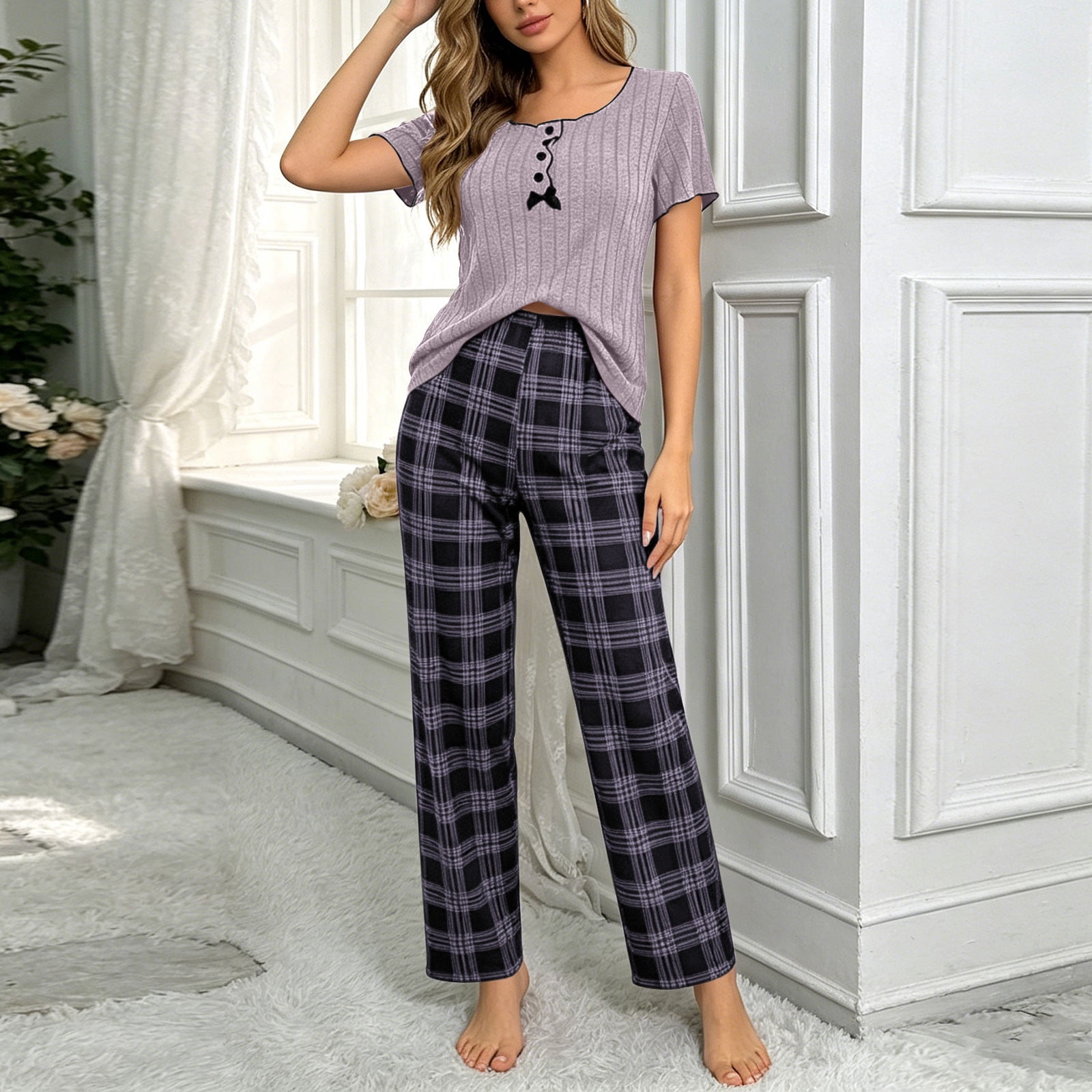 Asgosdo Women 2 Piece Sets Pajamas Short Sleeve Print T-Shirts and Grid ...