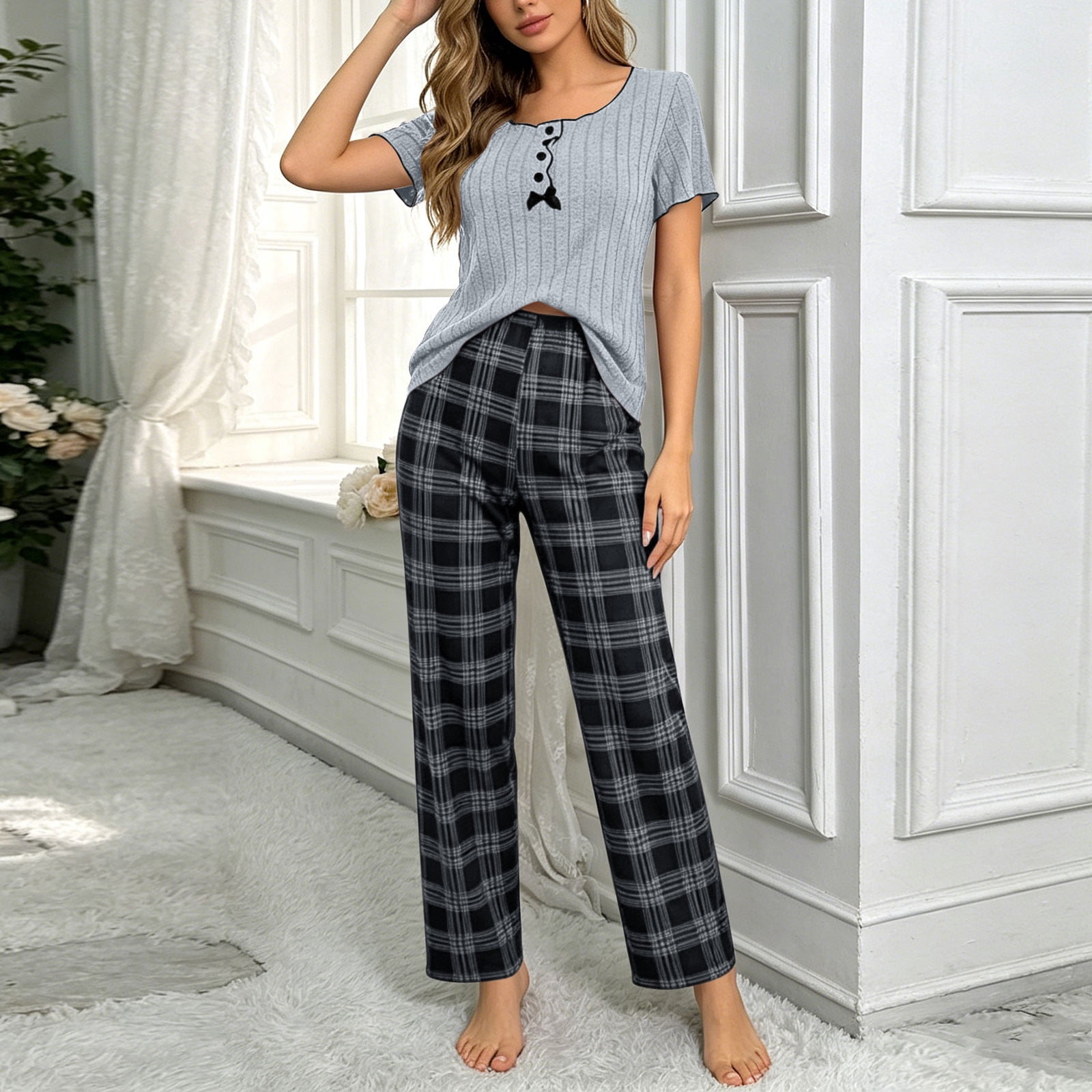 Asgosdo Women 2 Piece Sets Pajamas Short Sleeve Print T-Shirts and Grid ...