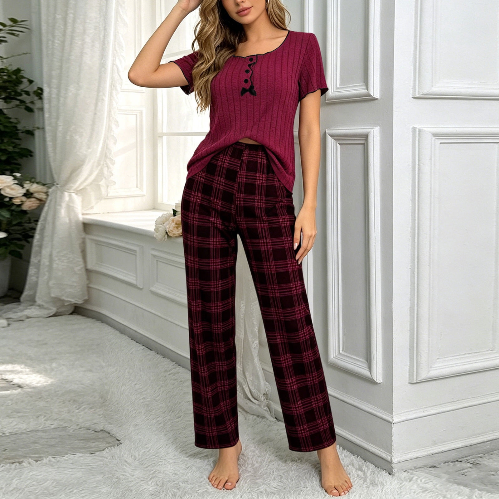 Asgosdo Women 2 Piece Sets Pajamas Short Sleeve Print T-Shirts and Grid ...