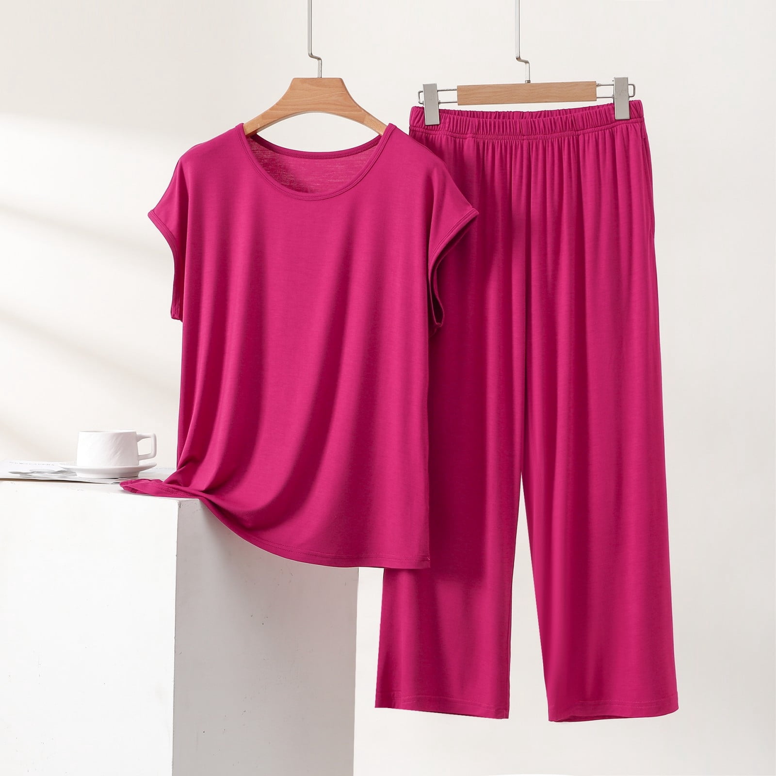 Asgosdo Women 2 Piece Sets Pajamas Short Sleeve Solid Color T-Shirts ...