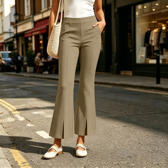 Asgosdo Women Bell Bottom Pants Elastic High Waisted Side Slit Solid ...
