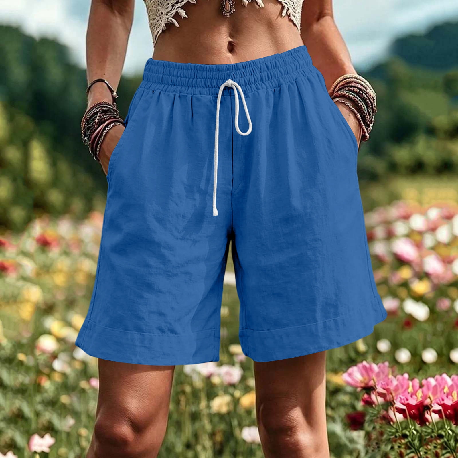 Asgosdo Women Bermuda Shorts Summer High Elastic Waisted Drawstring ...