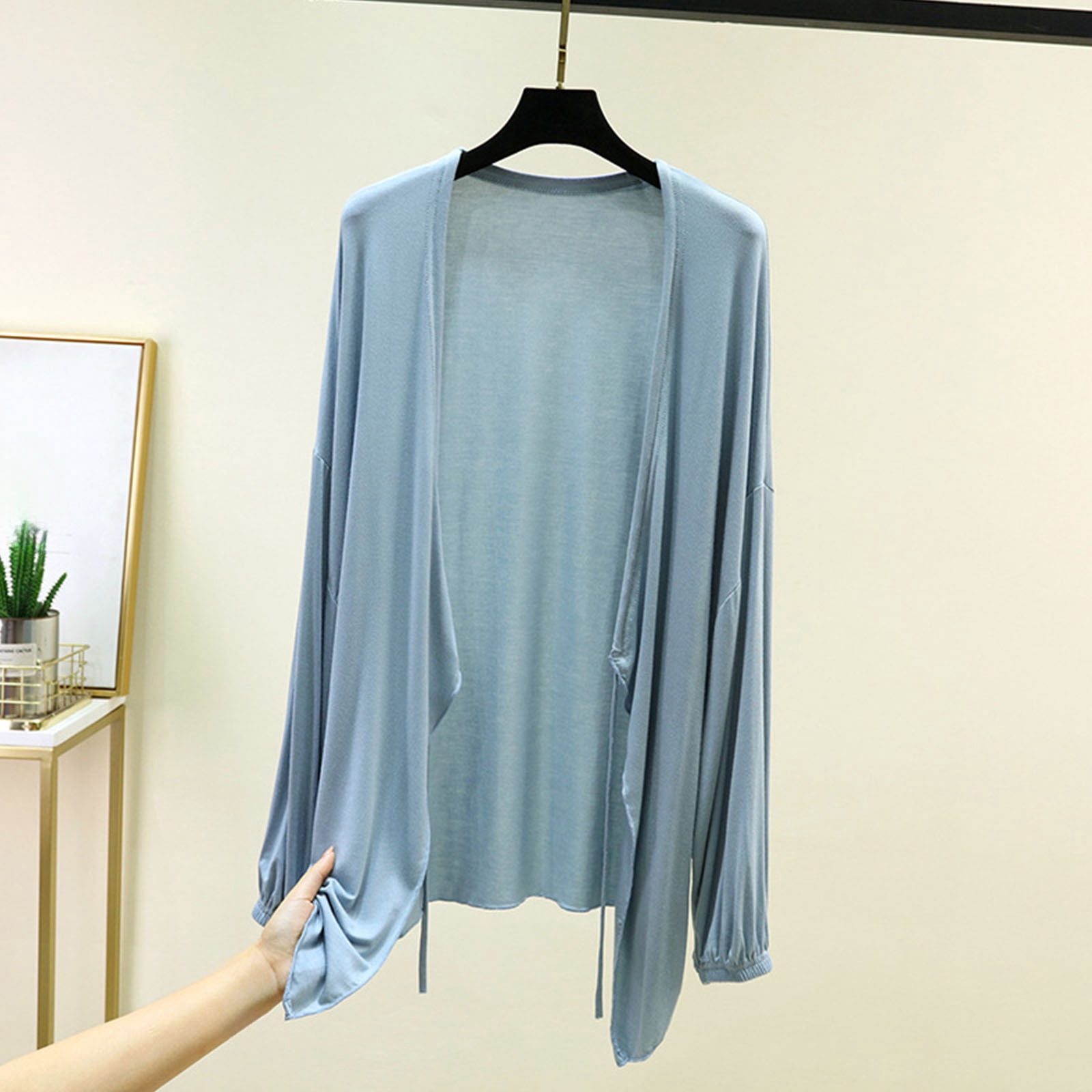 Asgosdo Women Cardigan Long Sleeve Solid Color Drawstring Open Front ...