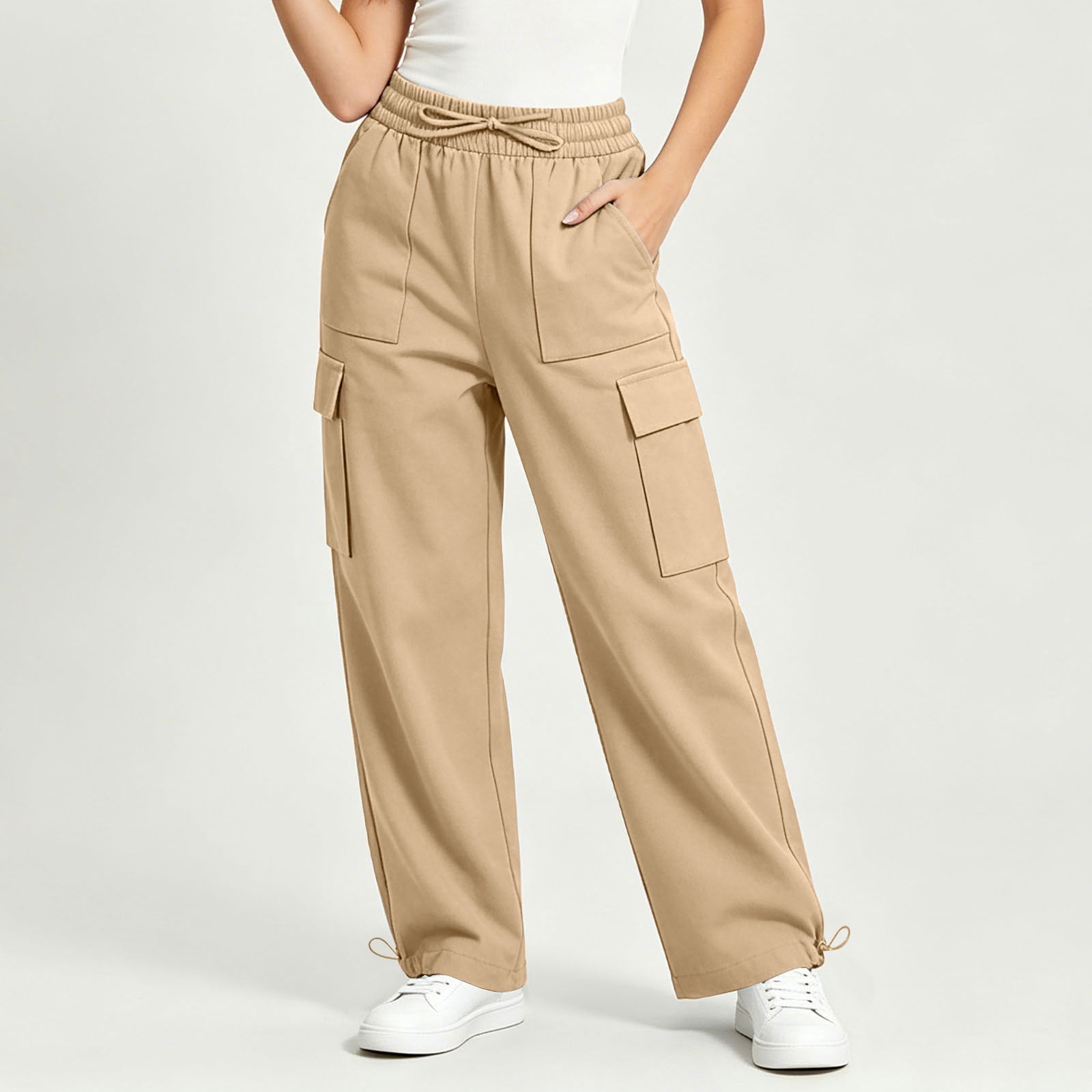 Asgosdo Women Cargo Pants Solid Color Drawstring Elastic Waisted Loose ...