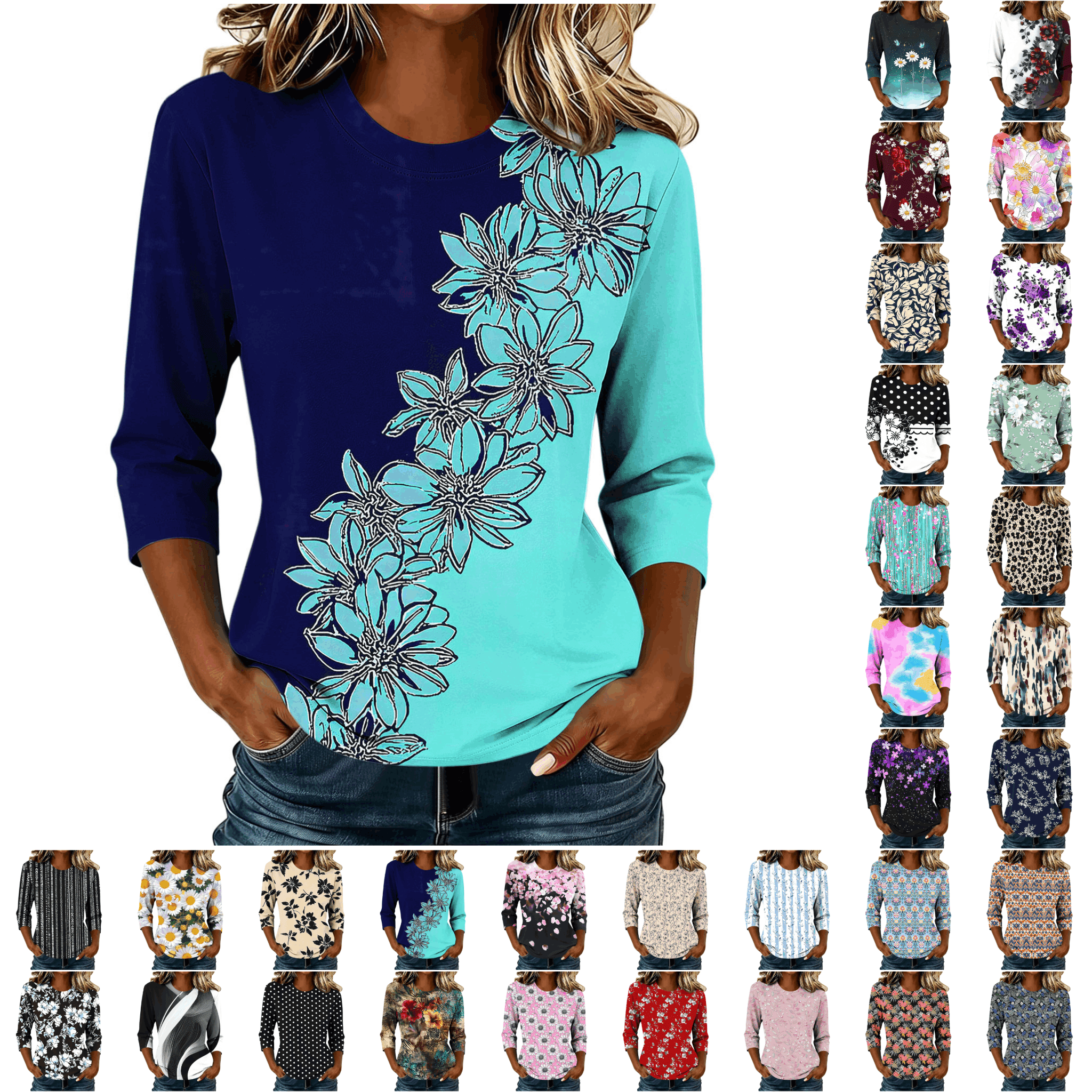 Asgosdo Women Color Block Floral Print Crew Neck 3/4 Sleeve T Shirt ...