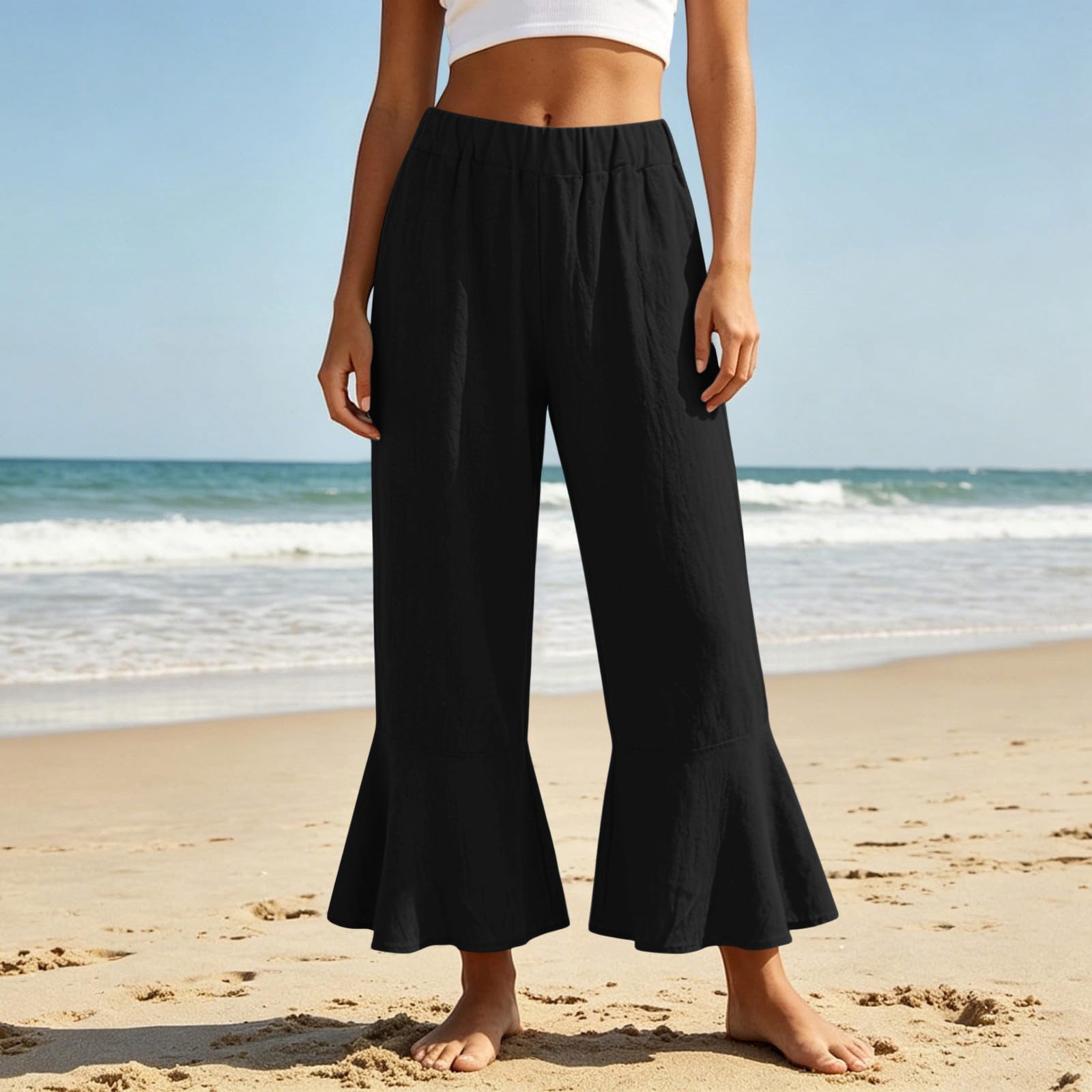 Asgosdo Women Cotton Linen Pants High Waisted Ruffle Straight Leg Cute ...