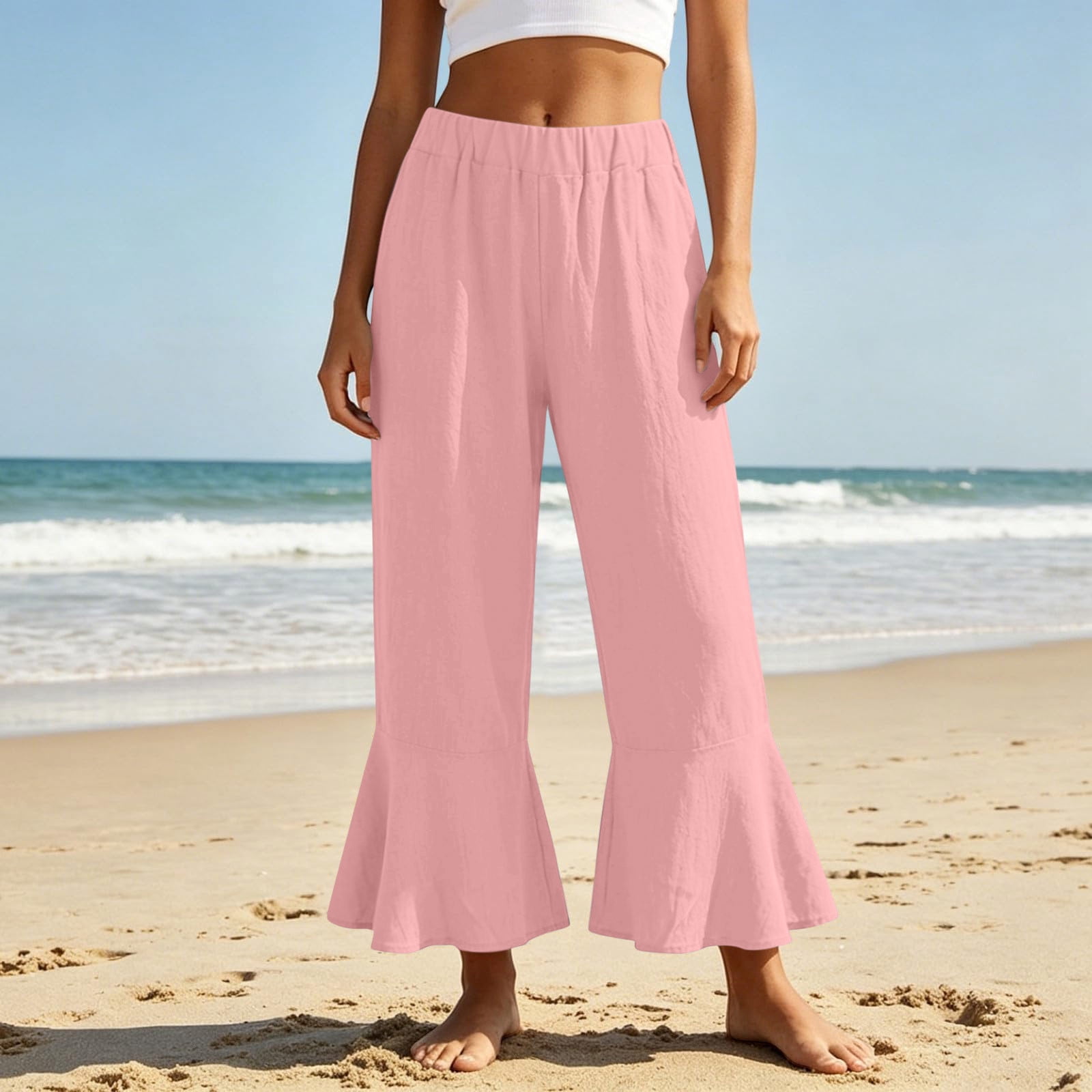 Asgosdo Women Cotton Linen Pants High Waisted Ruffle Straight Leg Cute ...
