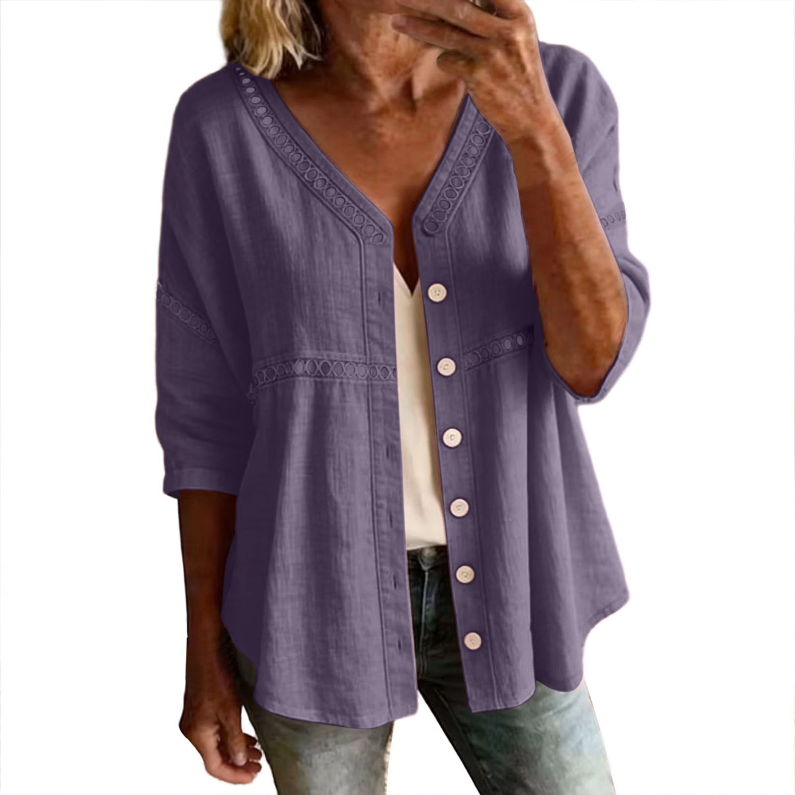 Asgosdo Women Cotton Linen Tops V Neck 3/4 Sleeve Button Down ...