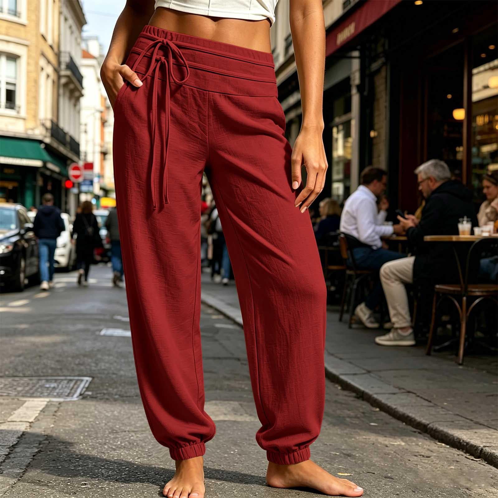 Asgosdo Women Cotton Pants Drawstring High Waisted Loose Fit Casual ...