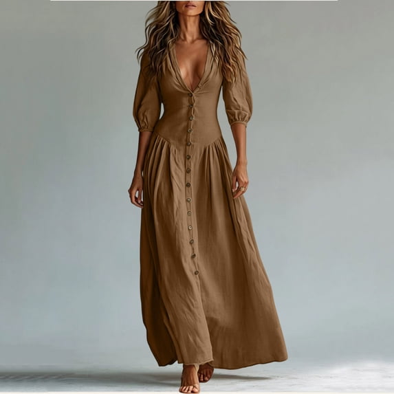 Asgosdo Women Dresses Deep V Neck Half Sleeve Botton Pleated Slim Fit ...