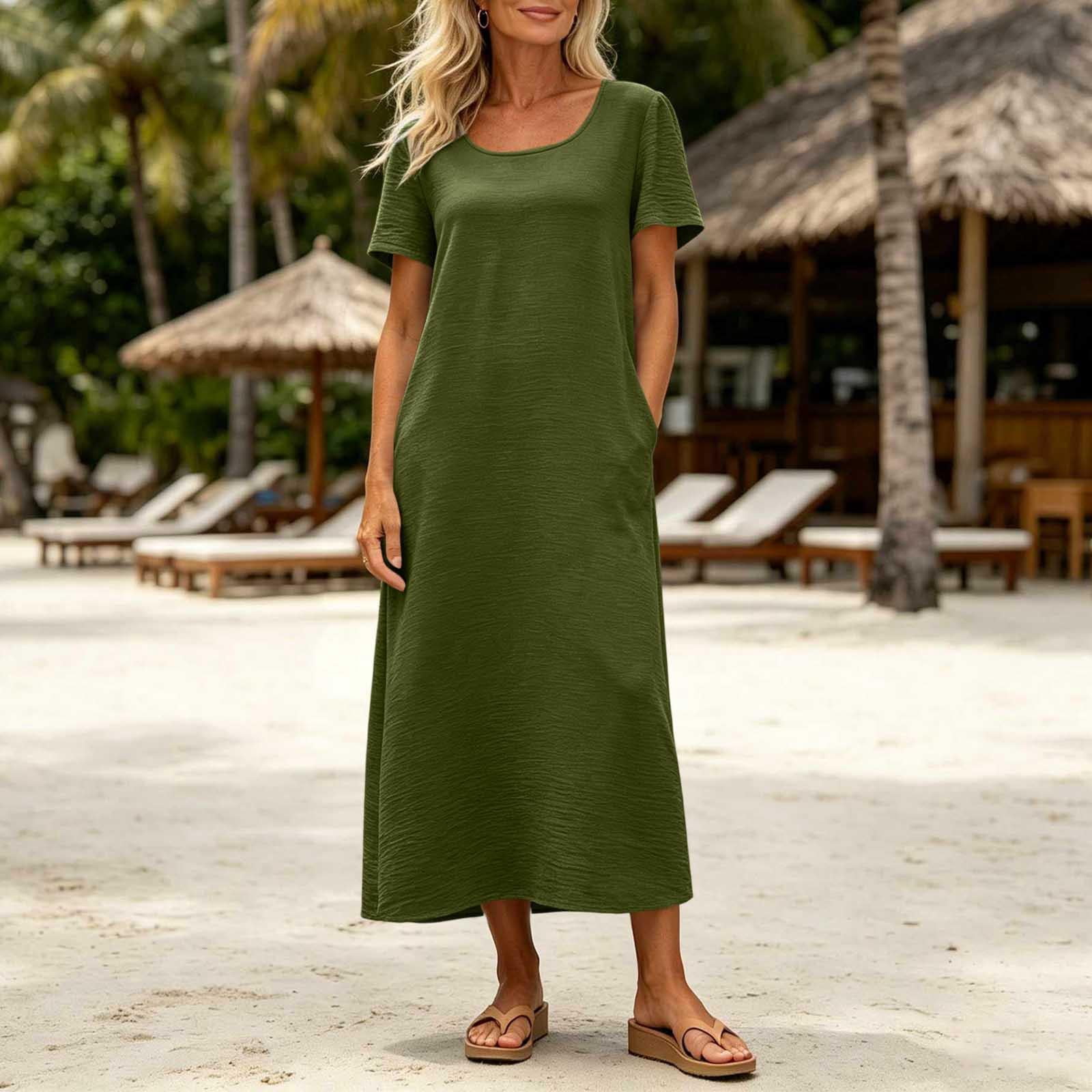 Asgosdo Women Dresses Short Sleeve Solid Color Loose Fit Comfy Soft ...