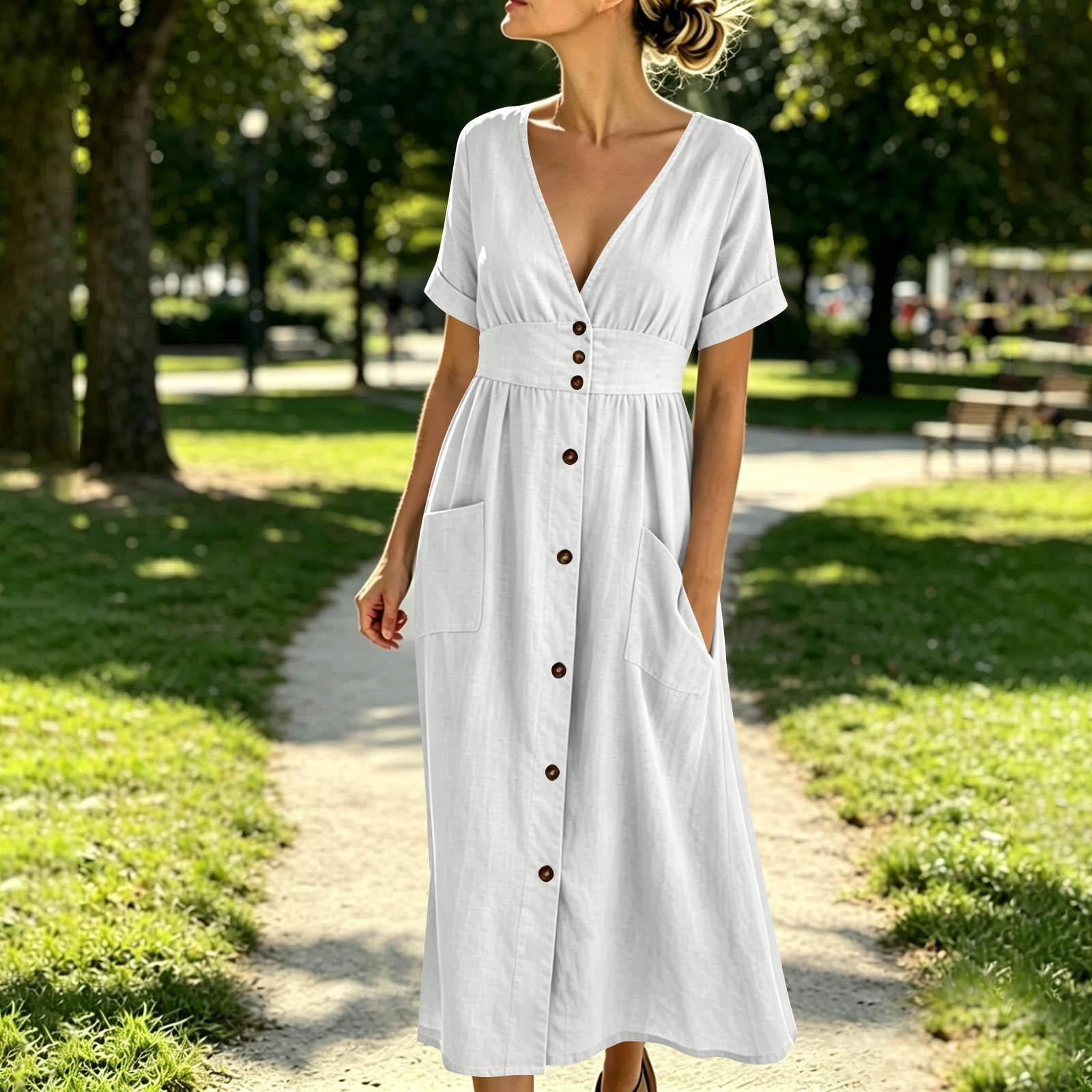 Asgosdo Women Dresses Summer V Neck Short Sleeve Pleated Botton Casual ...