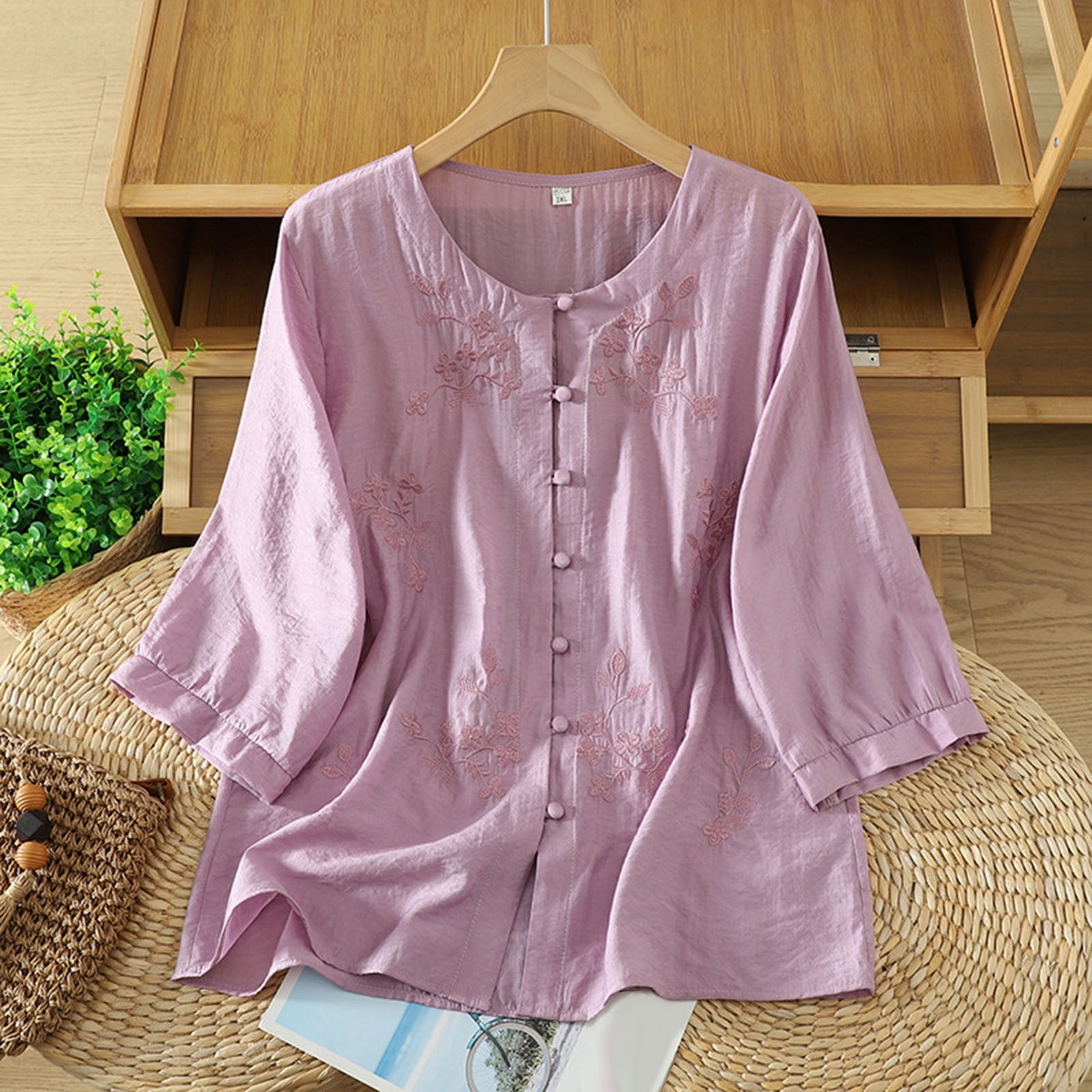 Asgosdo Women Fall Tops Cotton Linen Button Down Crew Neck 3/4 Sleeve ...