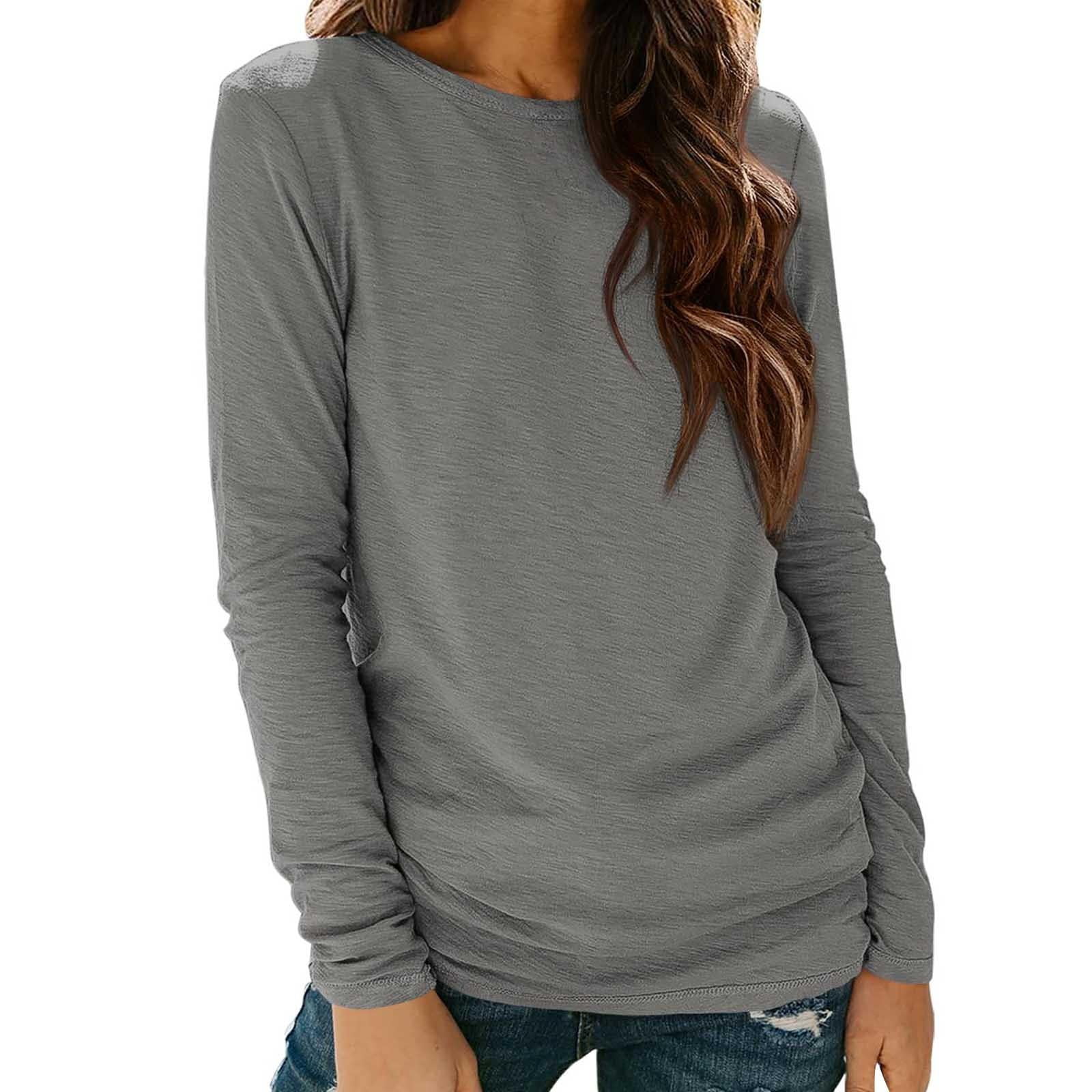 Asgosdo Women Fall Tops Crew Neck Long Sleeve Solid Color Blouses Basic ...