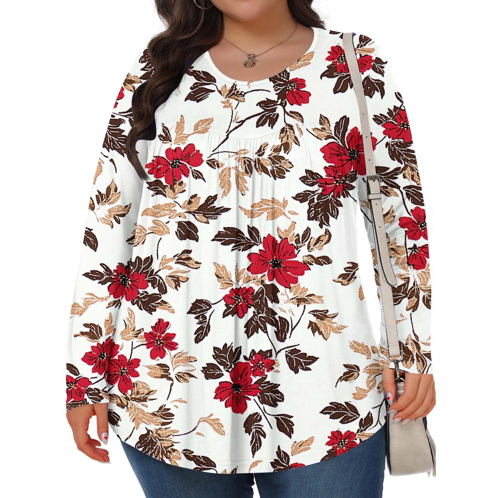Asgosdo Women Fall Tops Plus Size Long Sleeve Floral Print Pleated ...